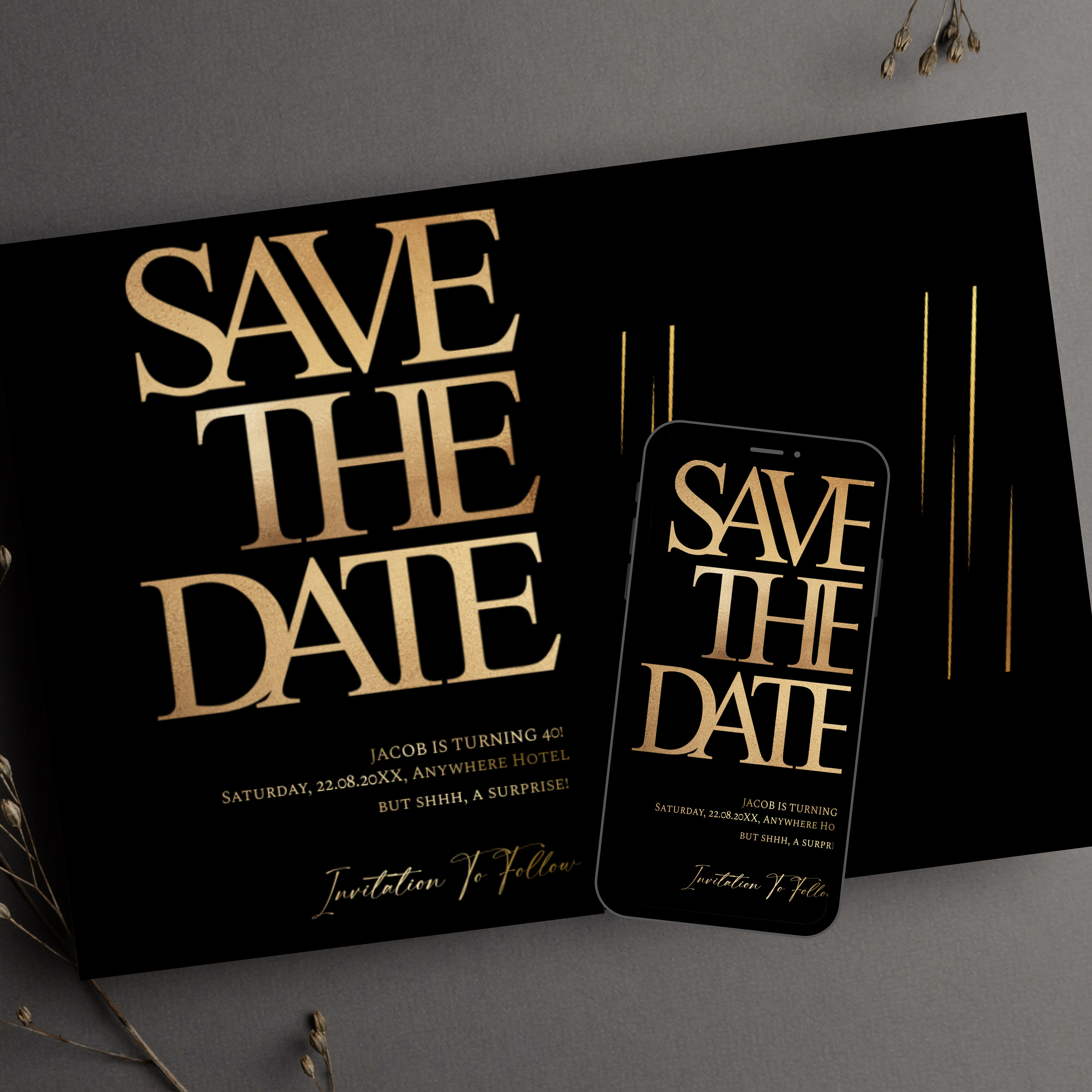 Save the Date Birthday Invitation Template, Black and Gold Save the ...