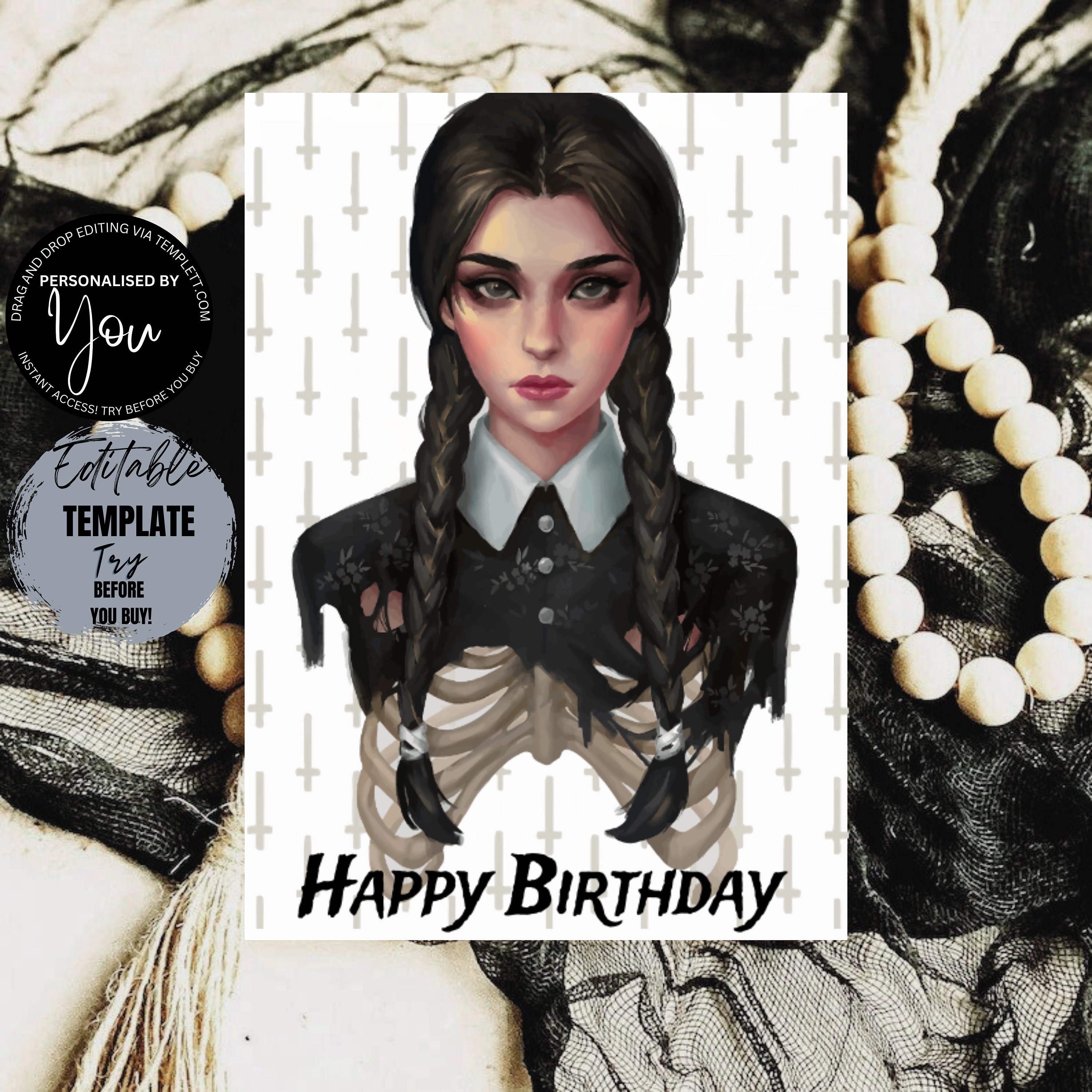 Halloween Birthday Card, Editable Wednesday Inspired Birthday Card ...