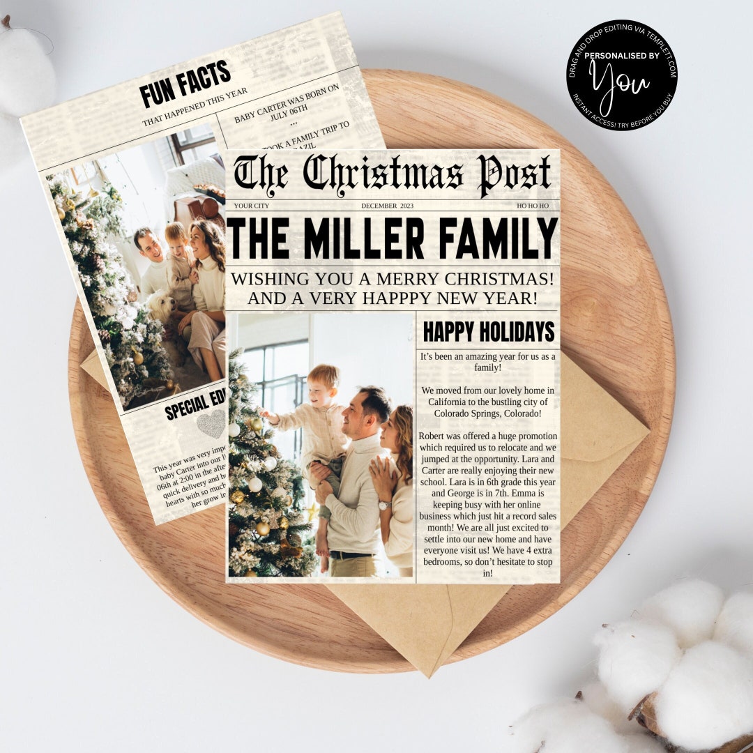 Newspaper Christmas Cards With Photo, Holiday Card Template, Holiday ...