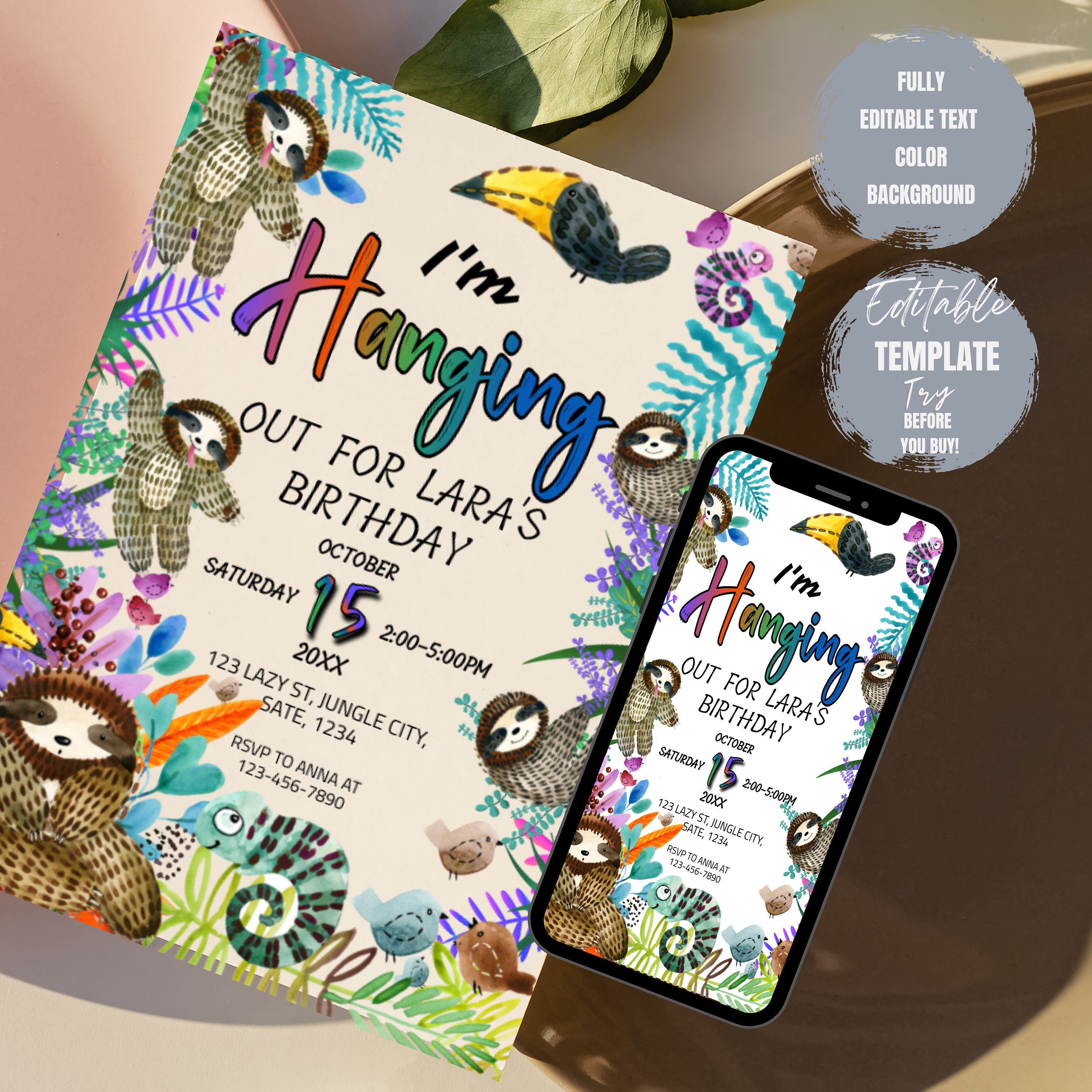 Editable Sloth Birthday Invitation, Unisex Sloth Birthday Party ...