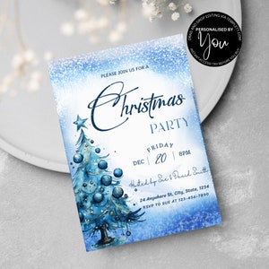 Christmas Party Invitation Template Blue Christmas Tree Party Invite ...