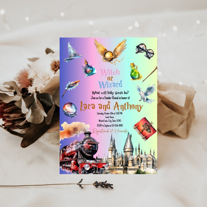 EDITABLE Witch or Wizard Gender Reveal Invitation Template Magical ...