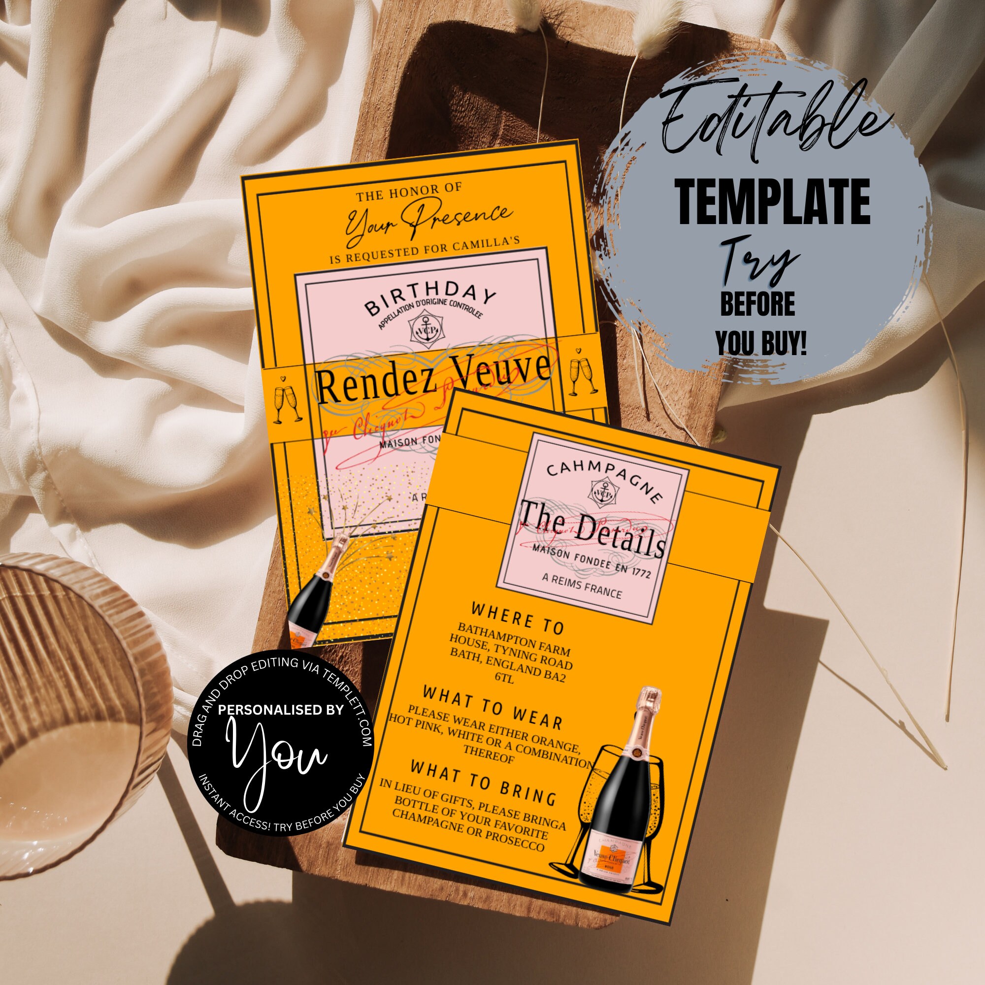 Champagne Birthday Invite and Details Template, Printable and ...