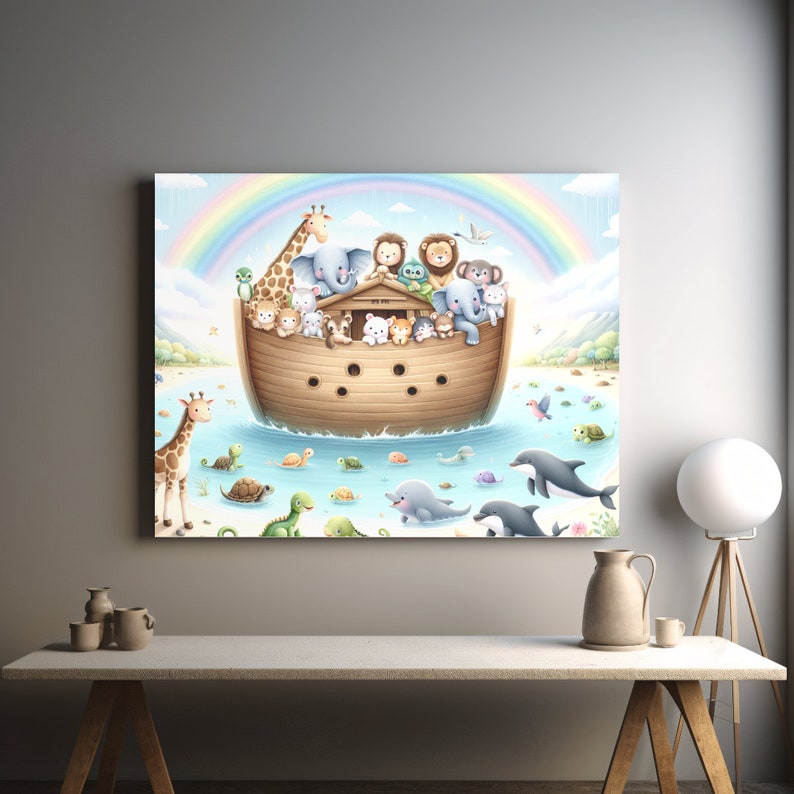 Noahs Ark Bible Story Children Nursery Painting, Christian Baby Shower ...
