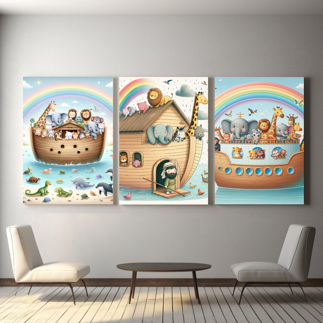 Noahs Ark Bible Story Children Nursery Painting, Christian Baby Shower ...
