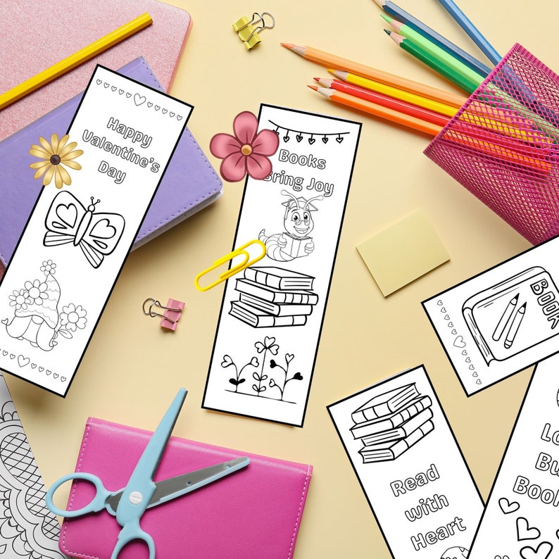 Valentine's Day Coloring Bookmarks for Kids, Set of 16 DIY Printable ...