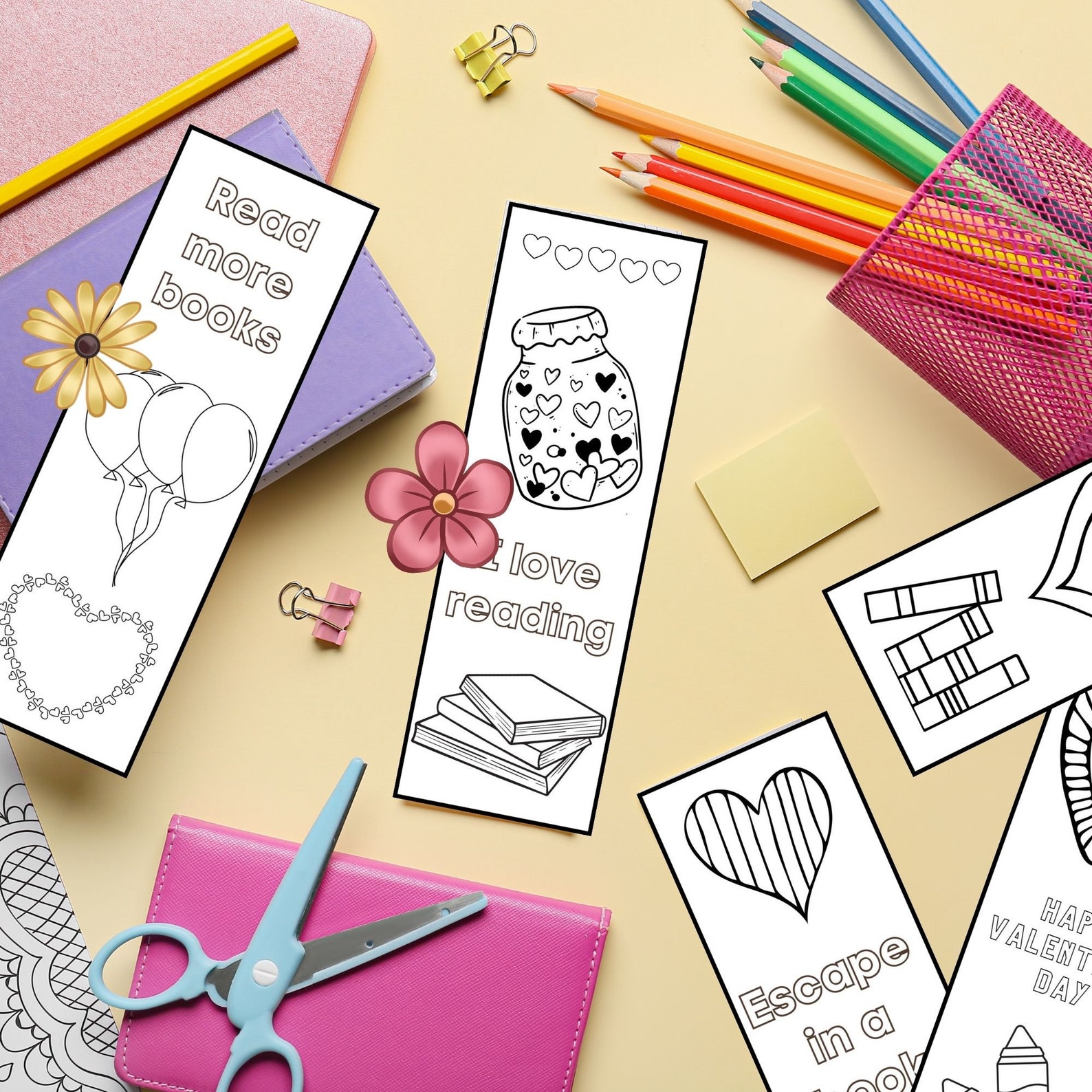 Valentine's Day Coloring Bookmarks for Kids, Set of 12 DIY Printable ...