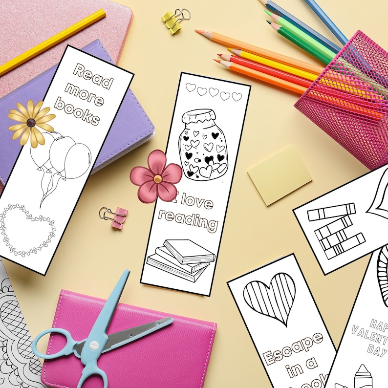 Valentine's Day Coloring Bookmarks for Kids, Set of 12 DIY Printable ...