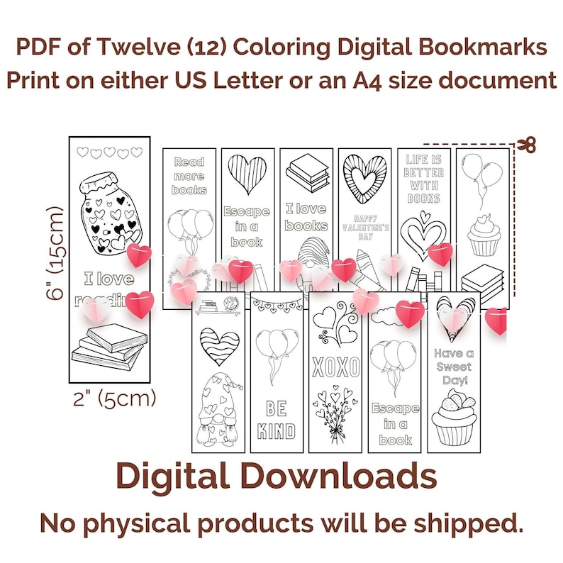 Valentine's Day Coloring Bookmarks for Kids, Set of 12 DIY Printable ...