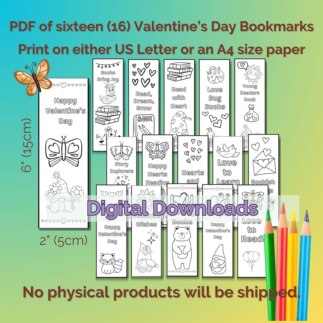 Valentine's Day Coloring Bookmarks for Kids, Set of 16 DIY Printable ...