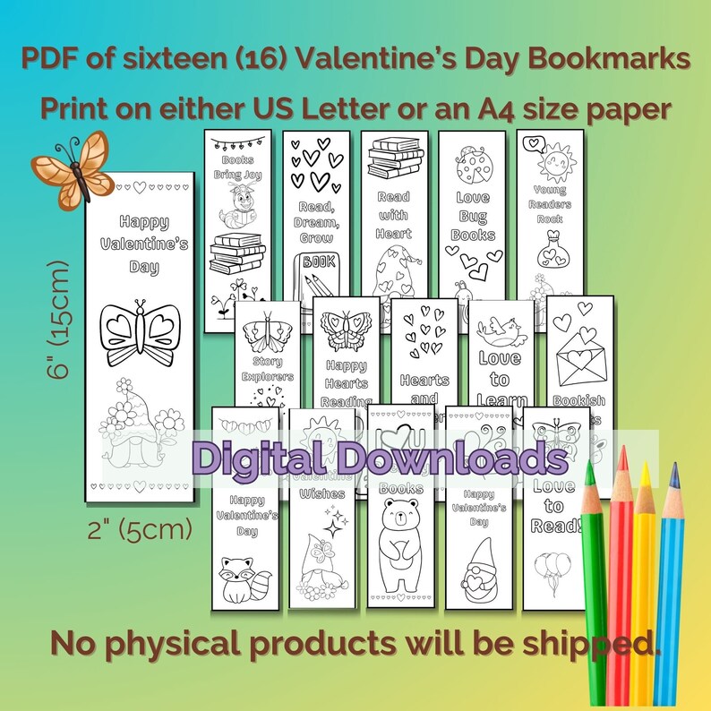 Valentine's Day Coloring Bookmarks for Kids, Set of 16 DIY Printable ...