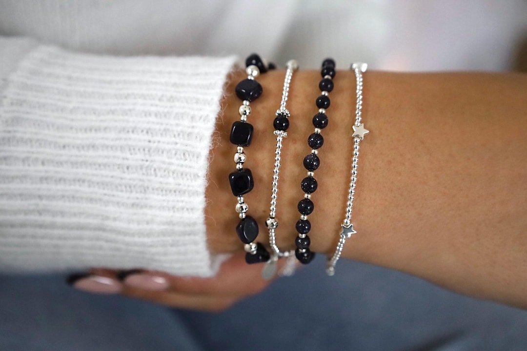 Cosmic Blue Goldstone Bracelet Stack. Includes Four Bracelets. 925 ...