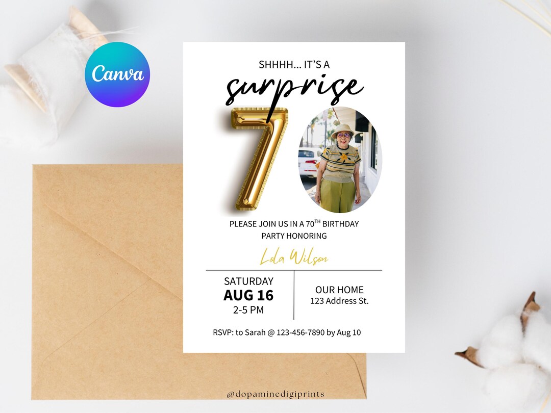 Surprise 70th Birthday Invitation | Editable Canva Template | Digital ...