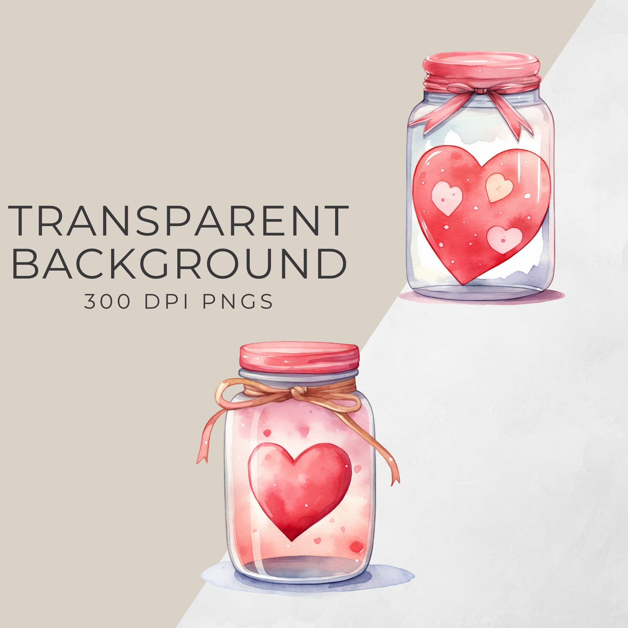 Watercolour Valentines Day Mason Jars With Red and Pink Love Hearts ...