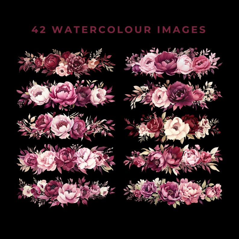 42 Burgundy Flowers PNG, Watercolor Floral Clipart Bundle, Burgundy ...