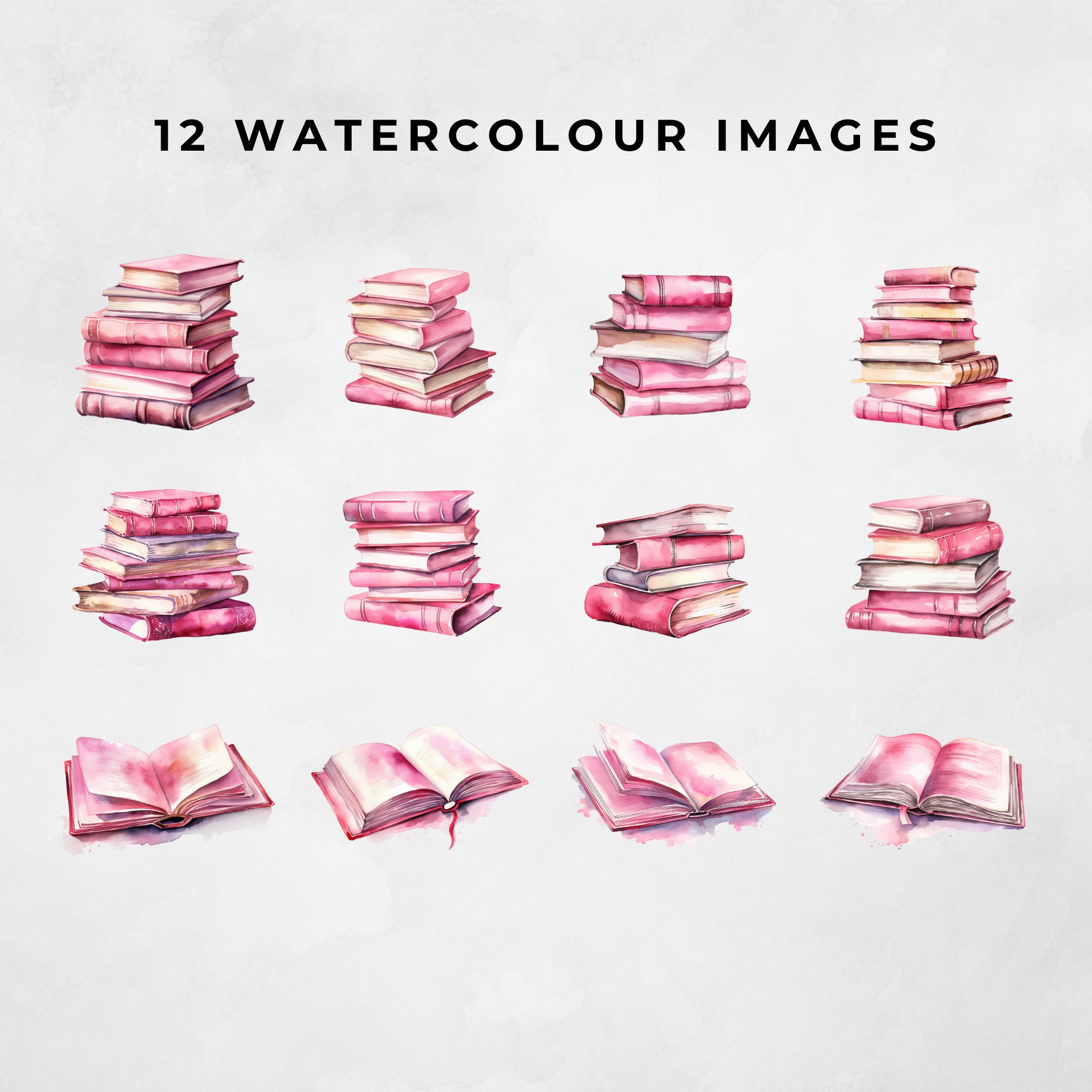 Watercolour Pink Stack of Books Clip Art Elements, Digital Book Tracker ...