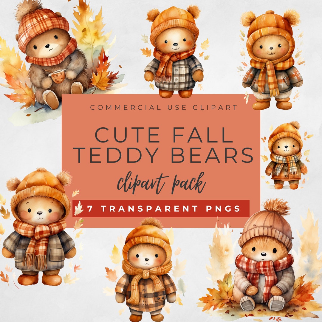 Watercolour Cute Fall Teddybears Clipart Bundle, Autumn Nursery PNG ...