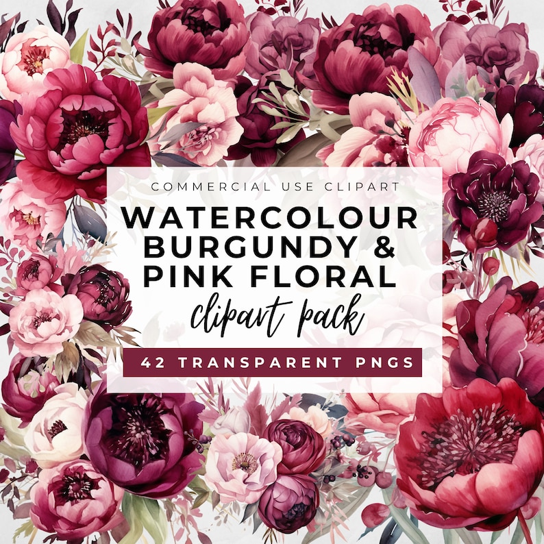 42 Burgundy Flowers PNG, Watercolor Floral Clipart Bundle, Burgundy ...