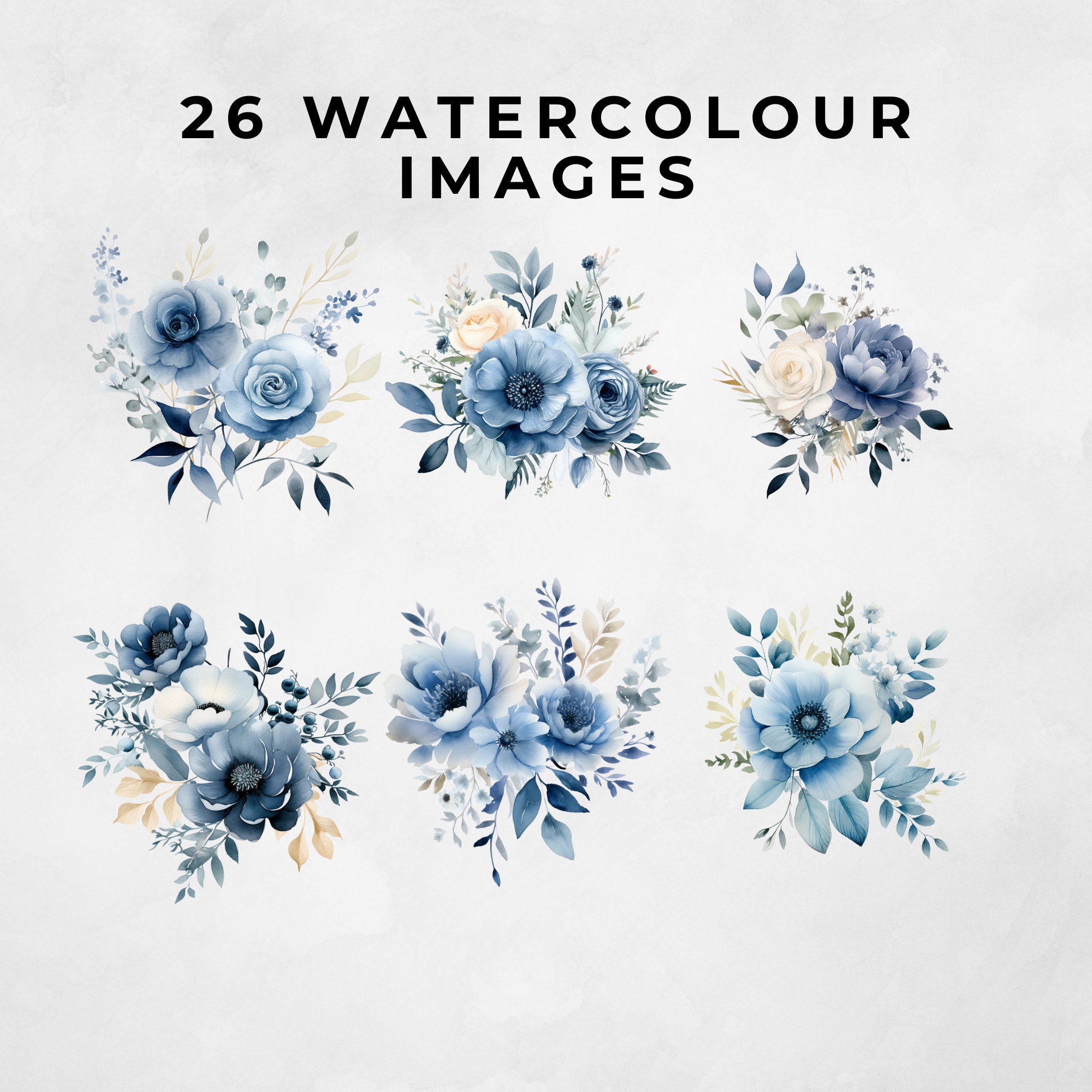 Dusty Blue Wedding Clipart, Blue Watercolor Flowers PNG, Invitation ...