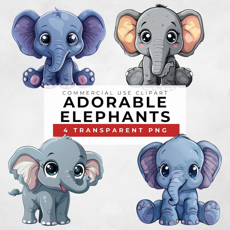 Cute Baby Elephant Clipart Bundle, 4 PNG Files of Adorable PNG Designs ...