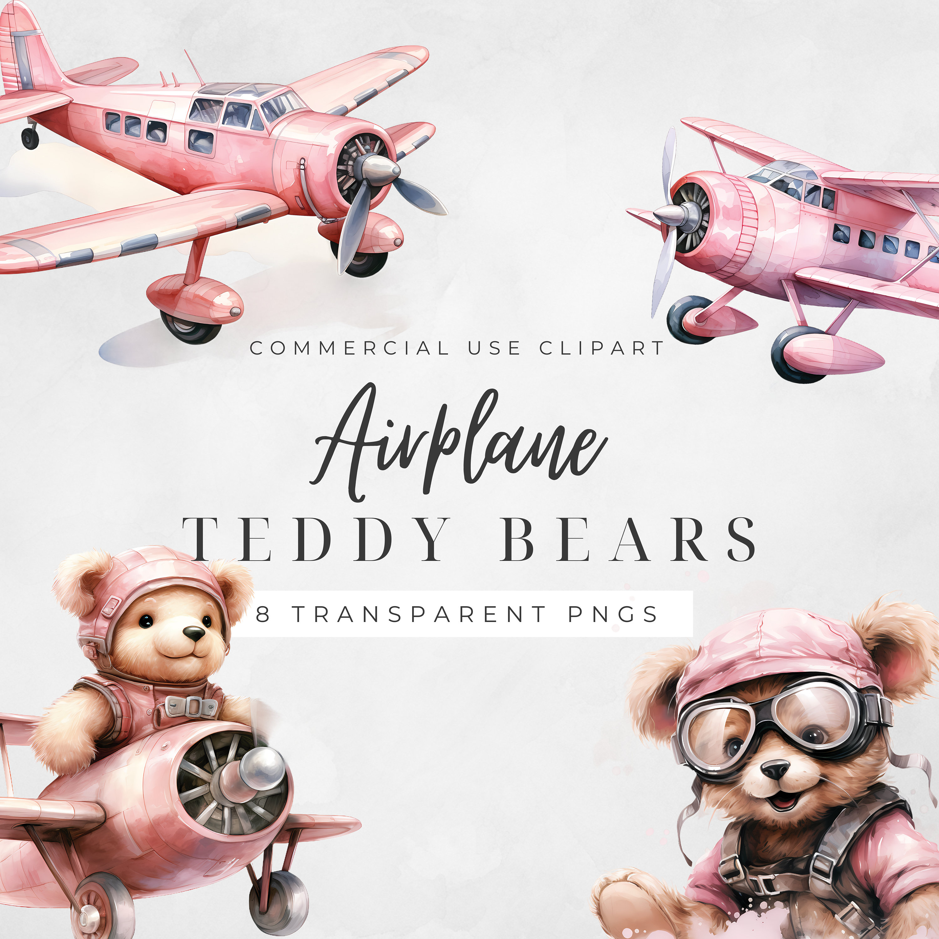 Pastel Pink Aviation Bear Watercolor Clipart, Airplane Baby Shower ...