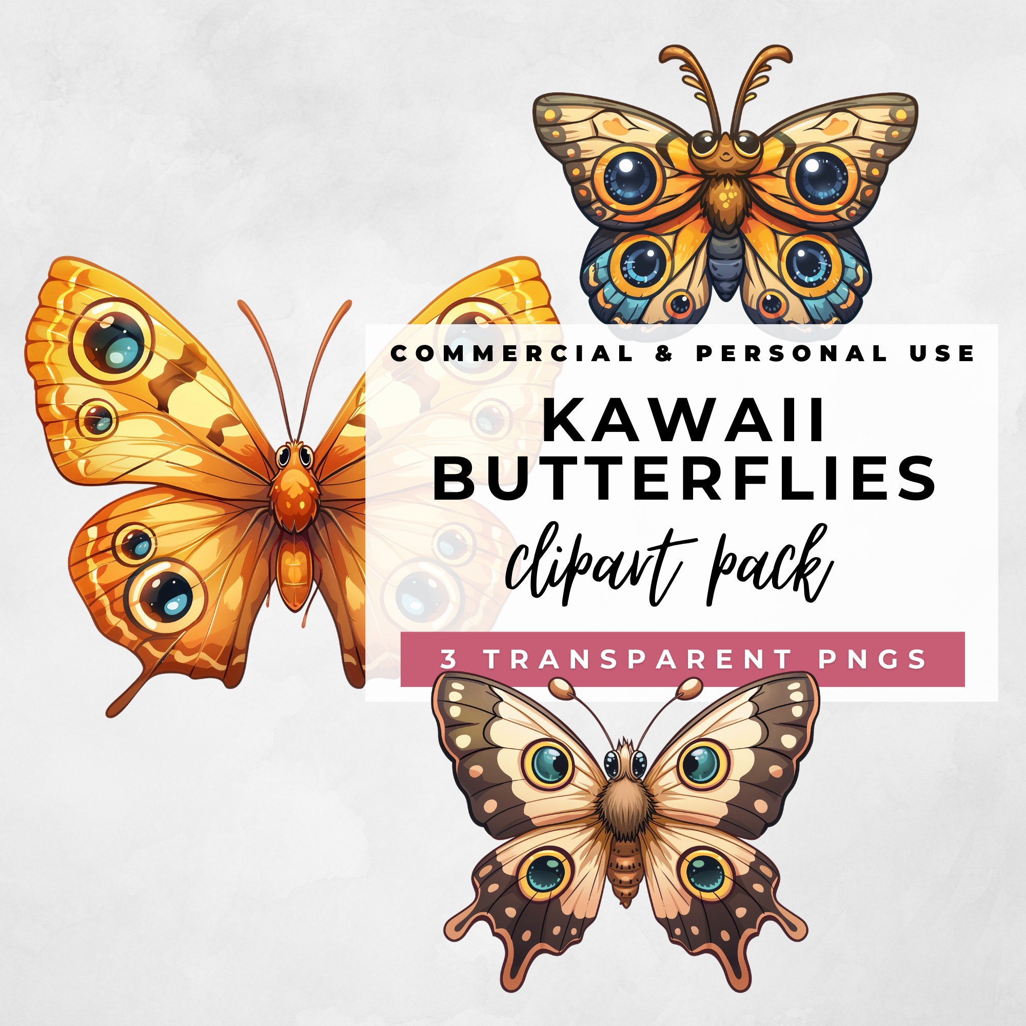 Kawaii Butterfly Clipart, 3 Png Files With Transparent Background ...