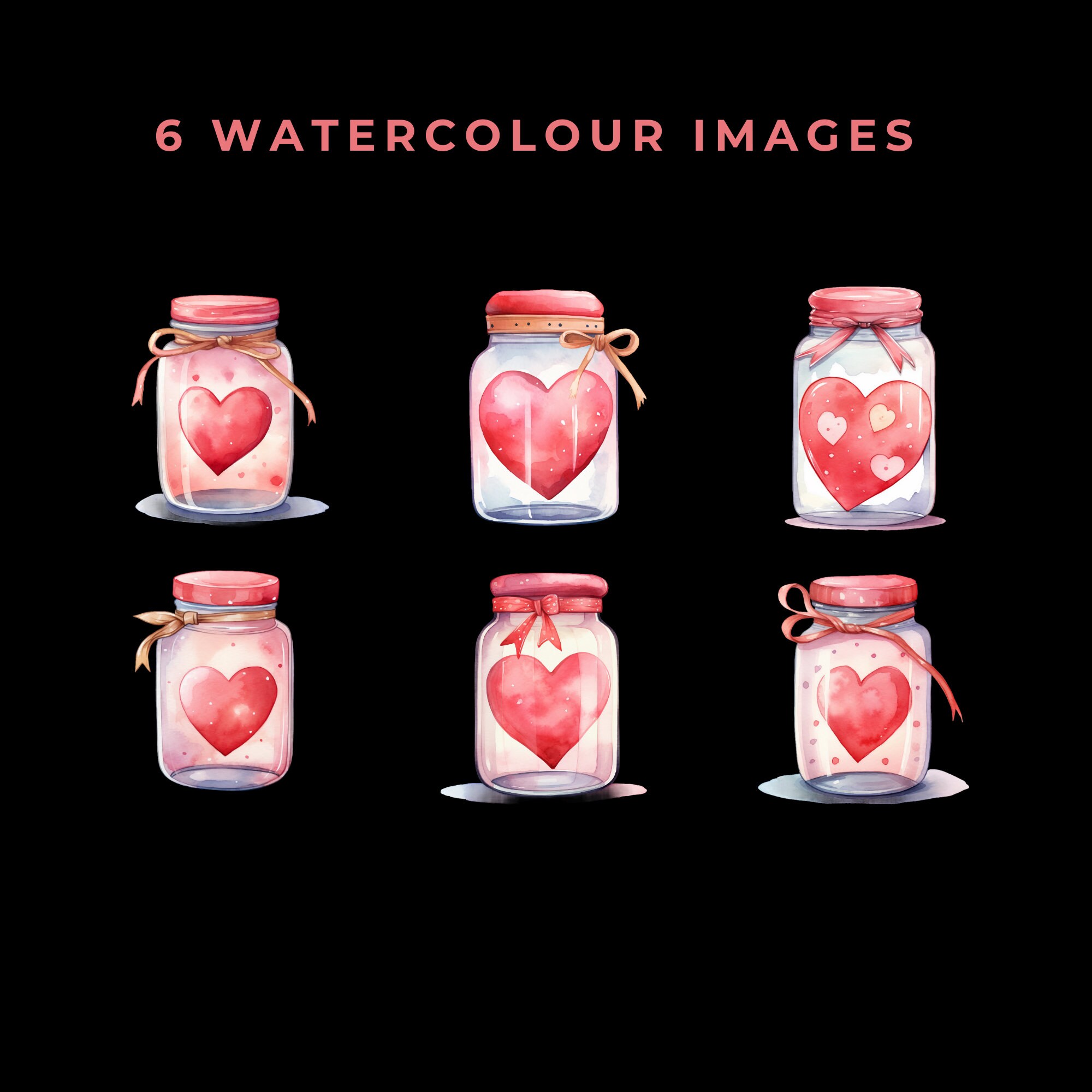 Watercolour Valentines Day Mason Jars With Red and Pink Love Hearts ...