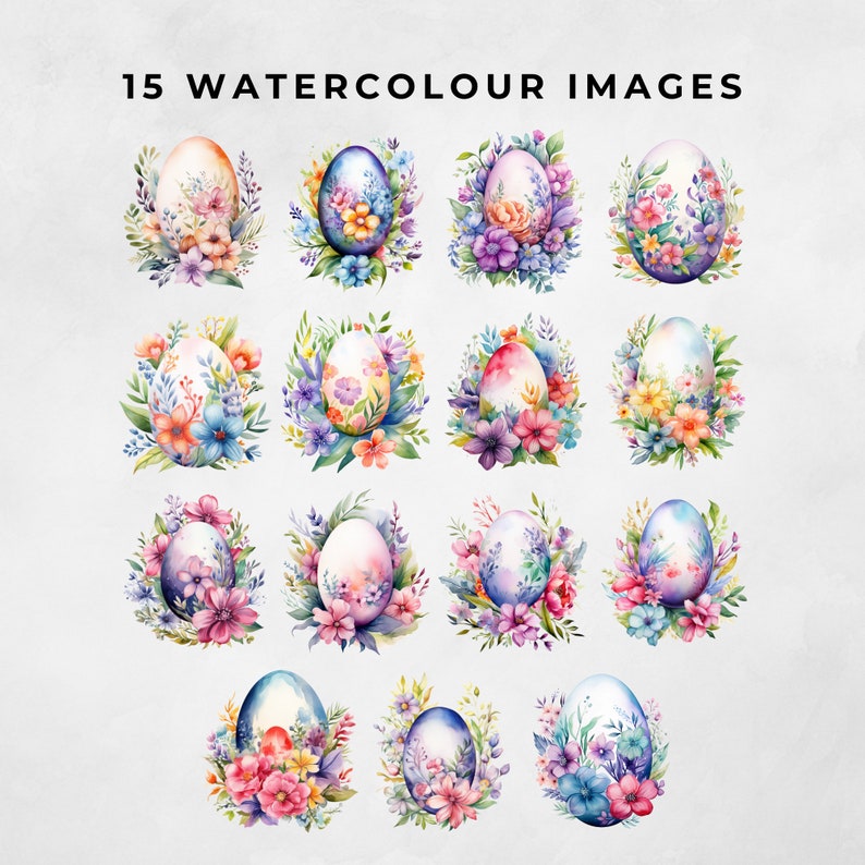 Colourful Watercolour Floral Easter Egg Bundle, Clipart for Commercial ...