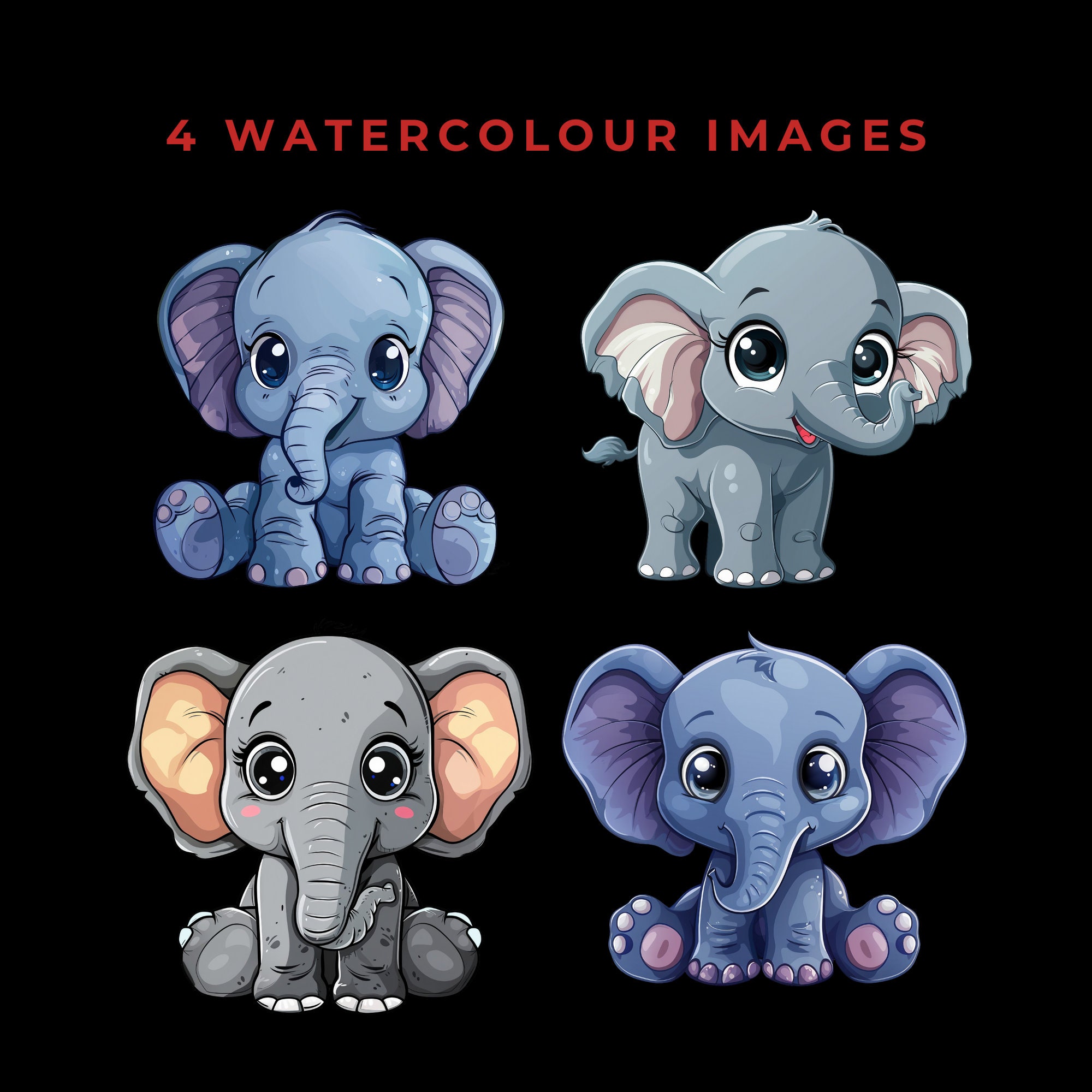 Cute Baby Elephant Clipart Bundle, 4 PNG Files of Adorable PNG Designs ...