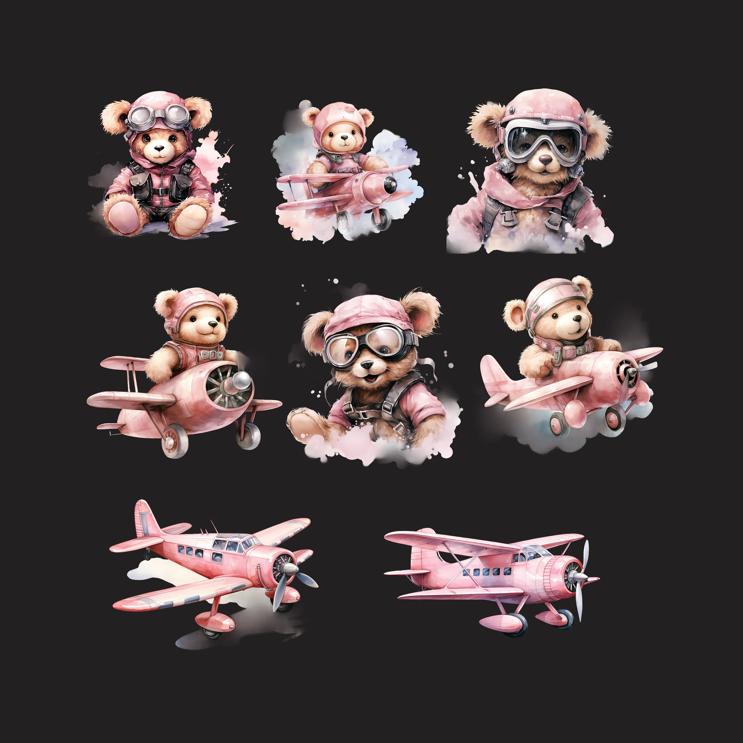 Pastel Pink Aviation Bear Watercolor Clipart, Airplane Baby Shower ...