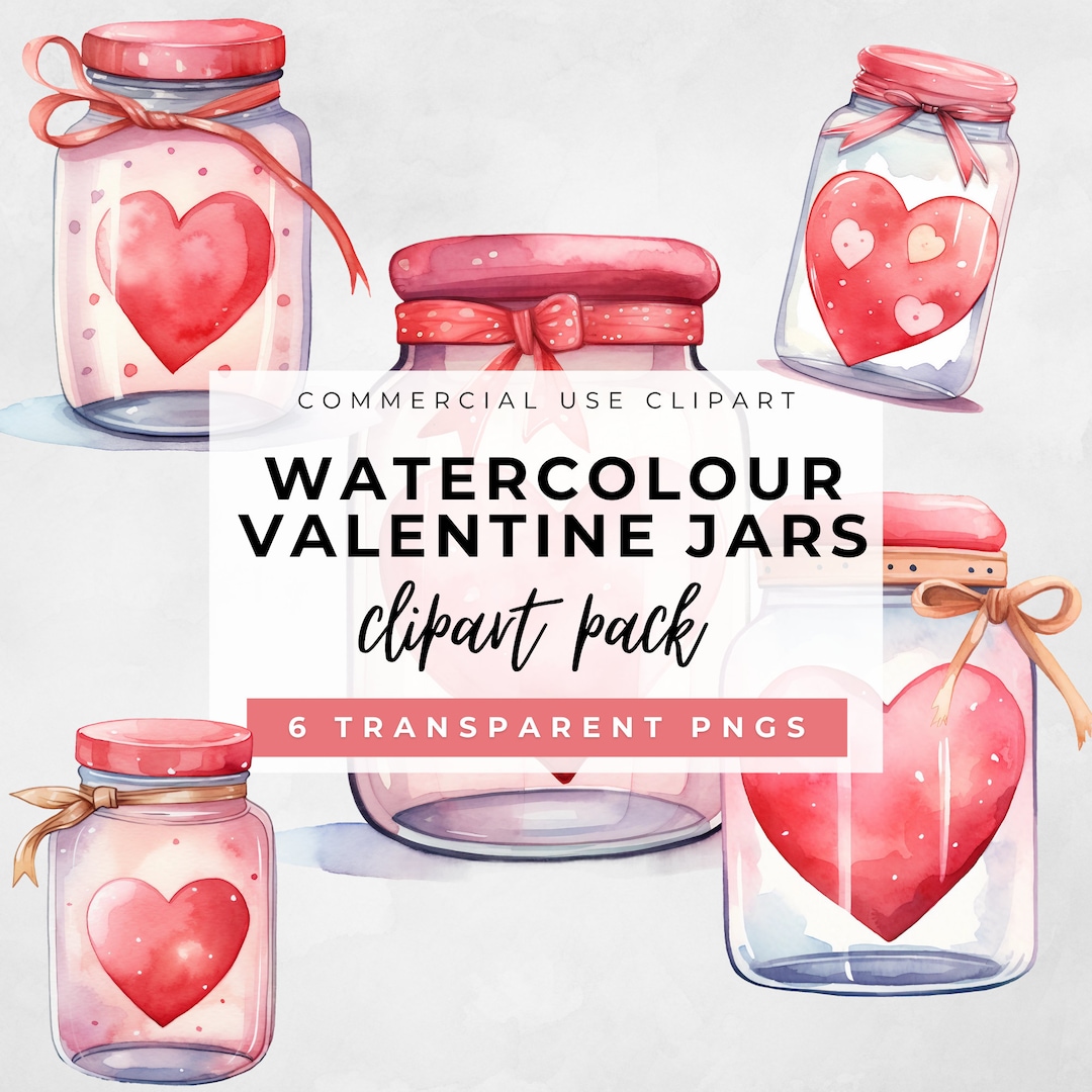 Watercolour Valentines Day Mason Jars With Red and Pink Love Hearts ...