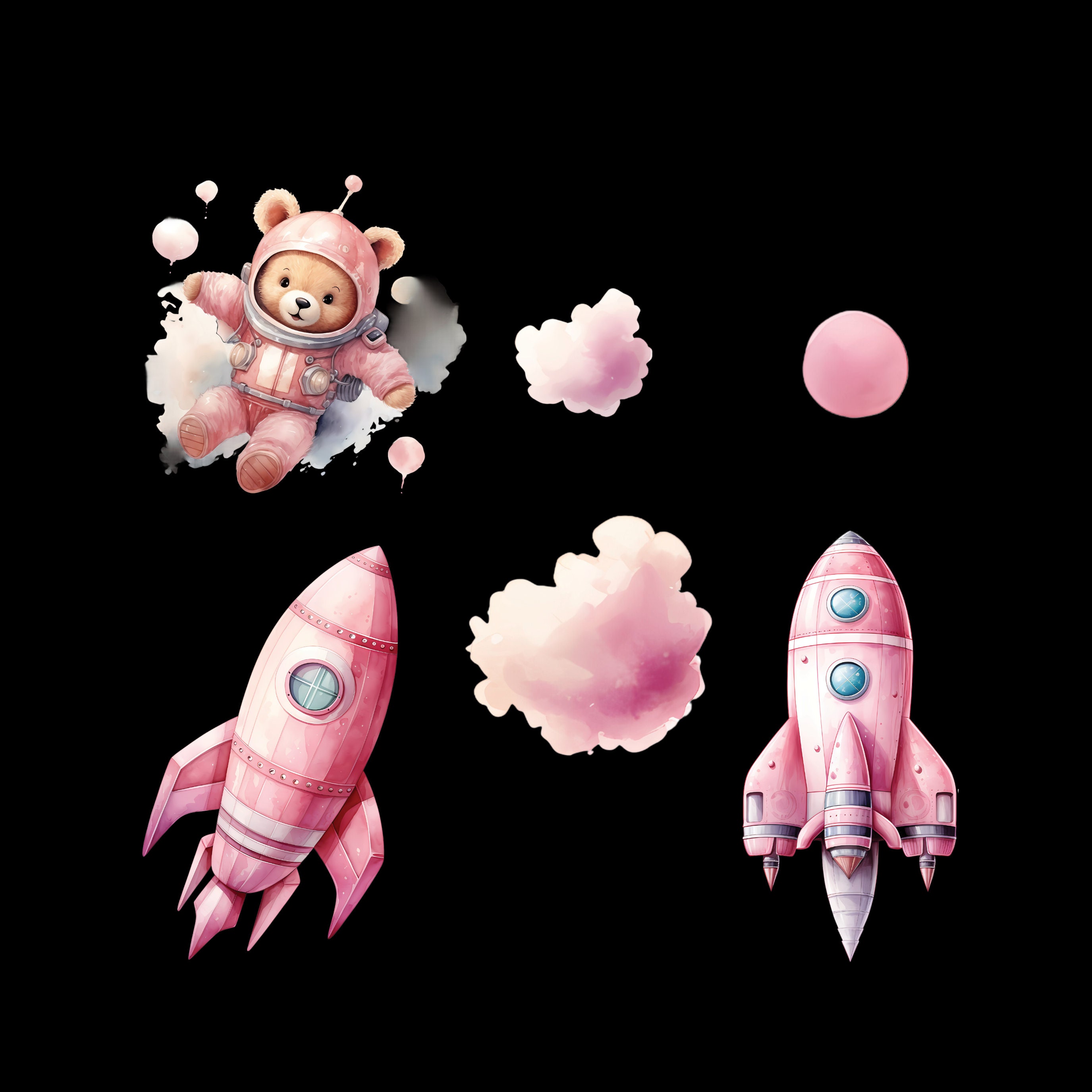 Pastel Pink Teddy Bear Bear in Space Watercolor Clipart, Rocket Ship ...