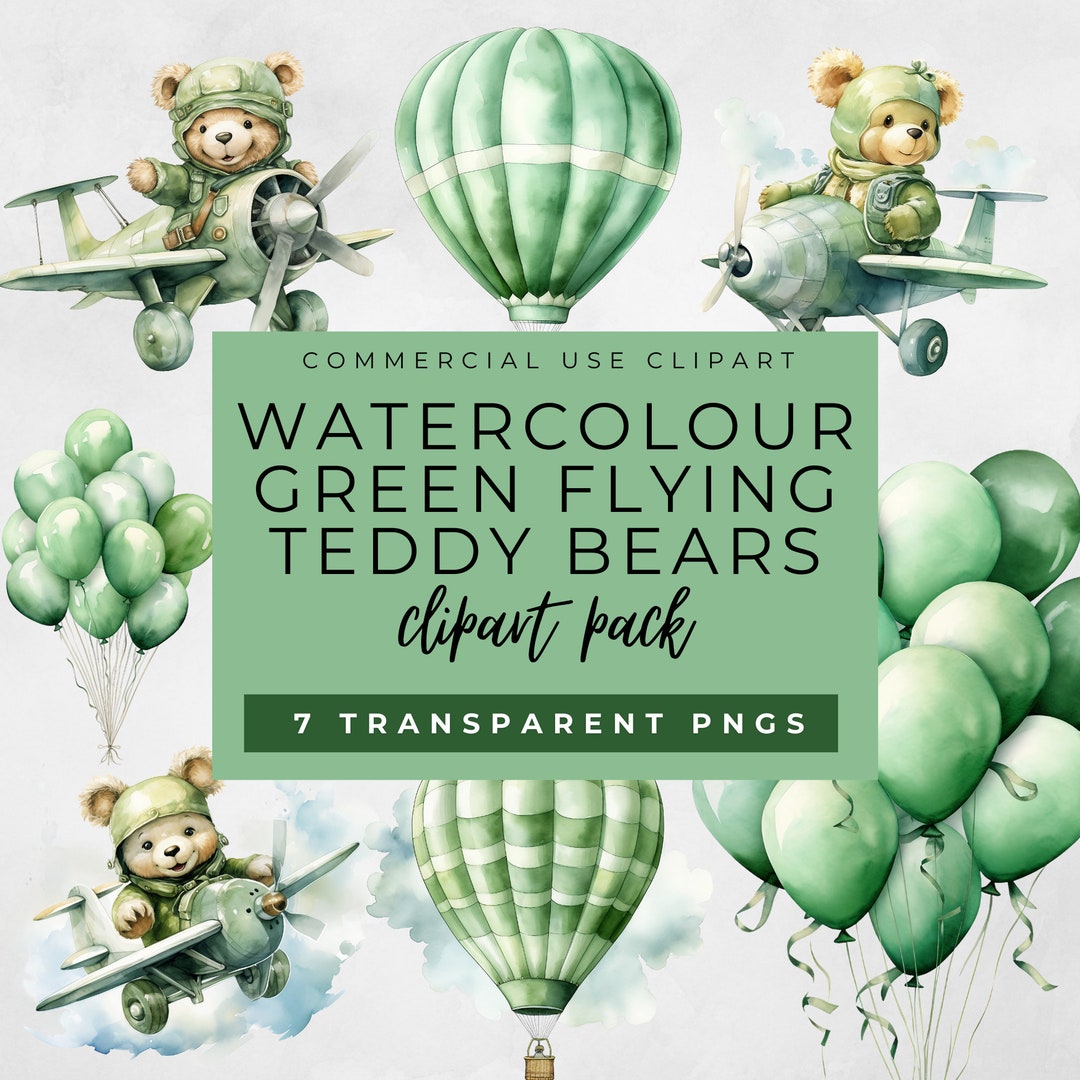 Pastel Green Watercolour Flying Teddy Bear Clip Art Bundle, Commercial ...