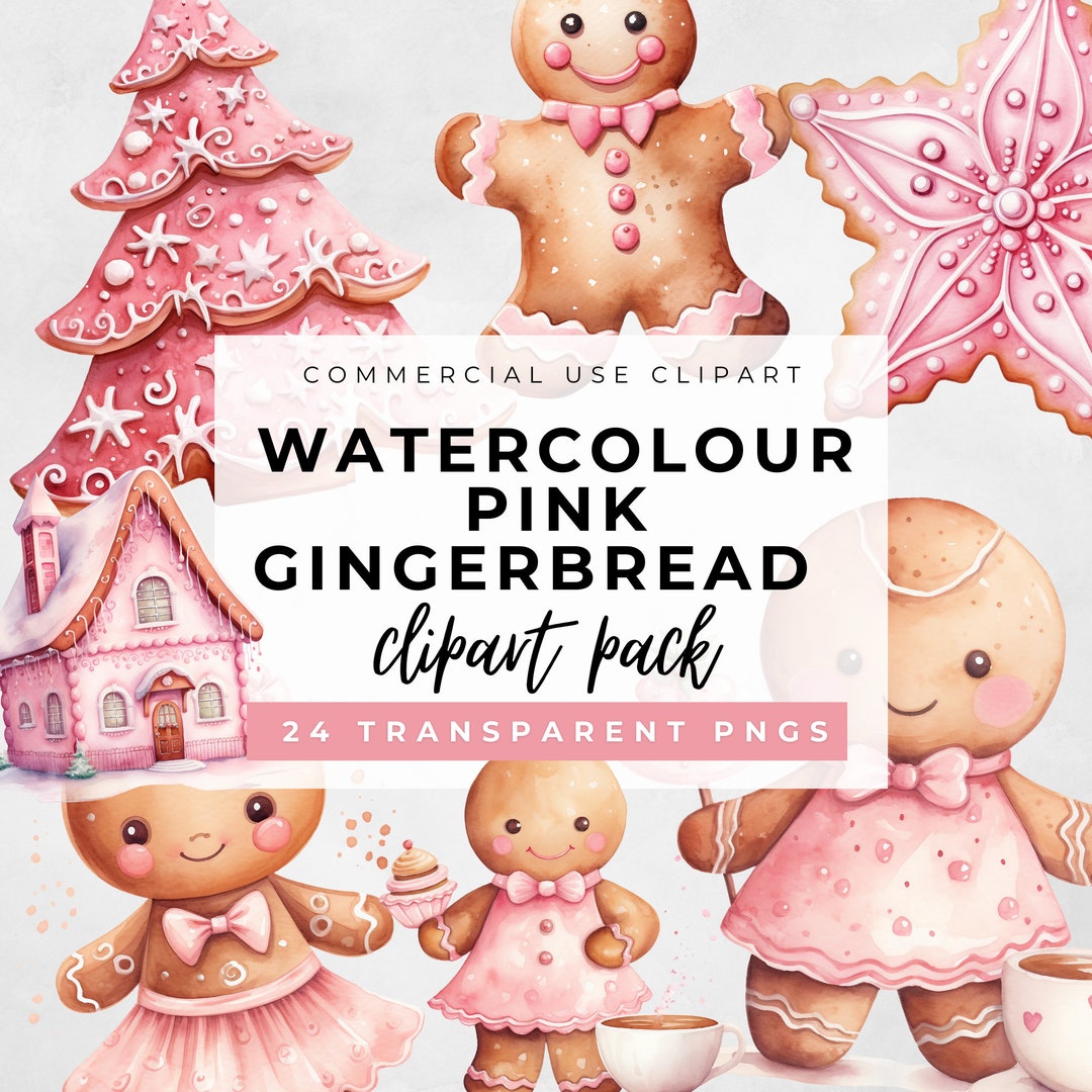 Watercolour Pink Gingerbread Clipart Bundle, Gingerbread House ...