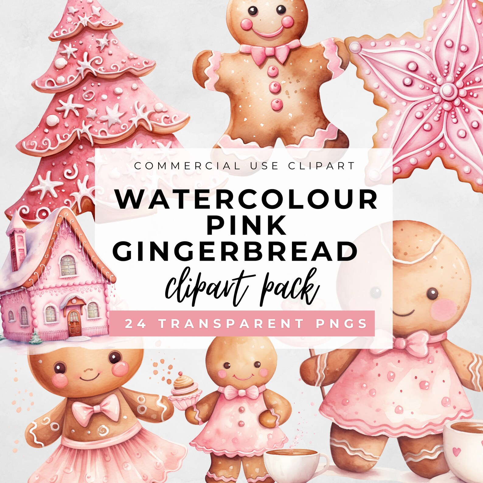 Watercolour Pink Gingerbread Clipart Bundle, Gingerbread House ...