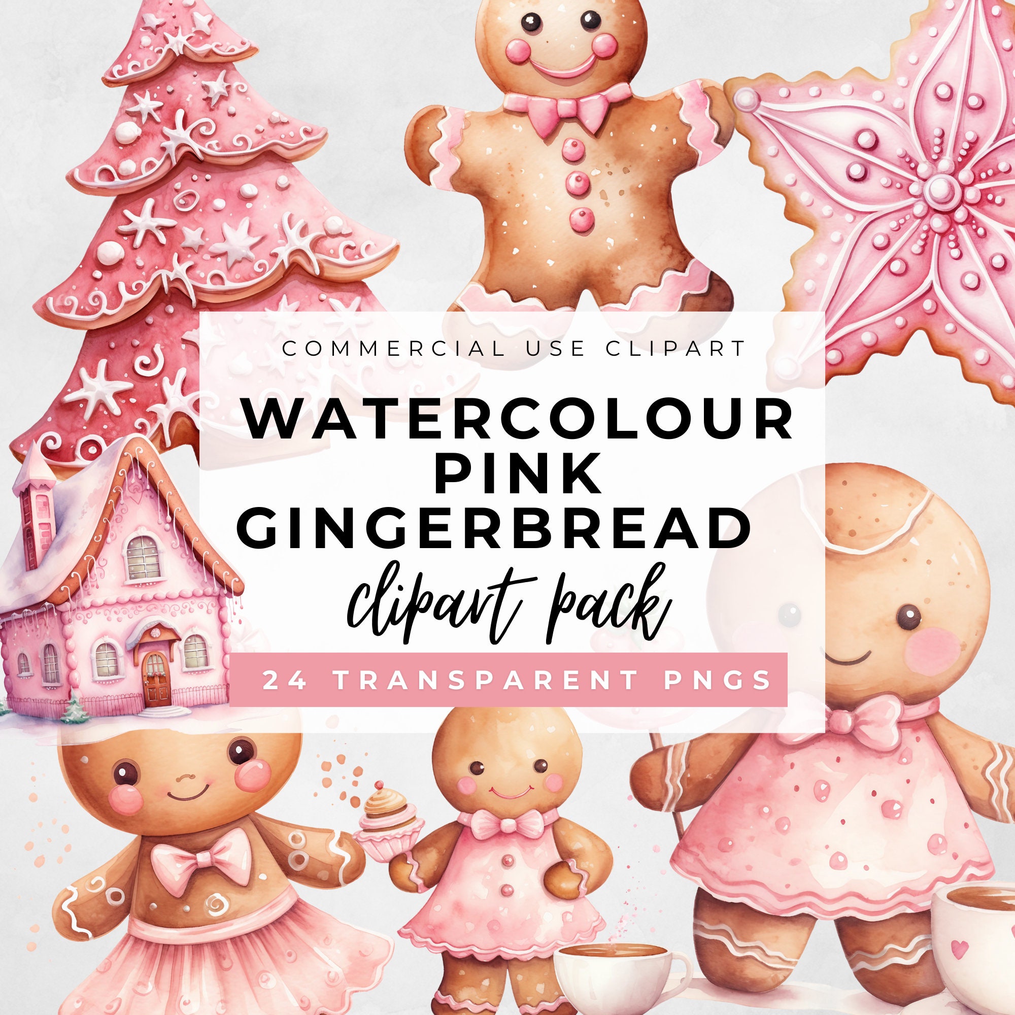 Watercolour Pink Gingerbread Clipart Bundle, Gingerbread House ...