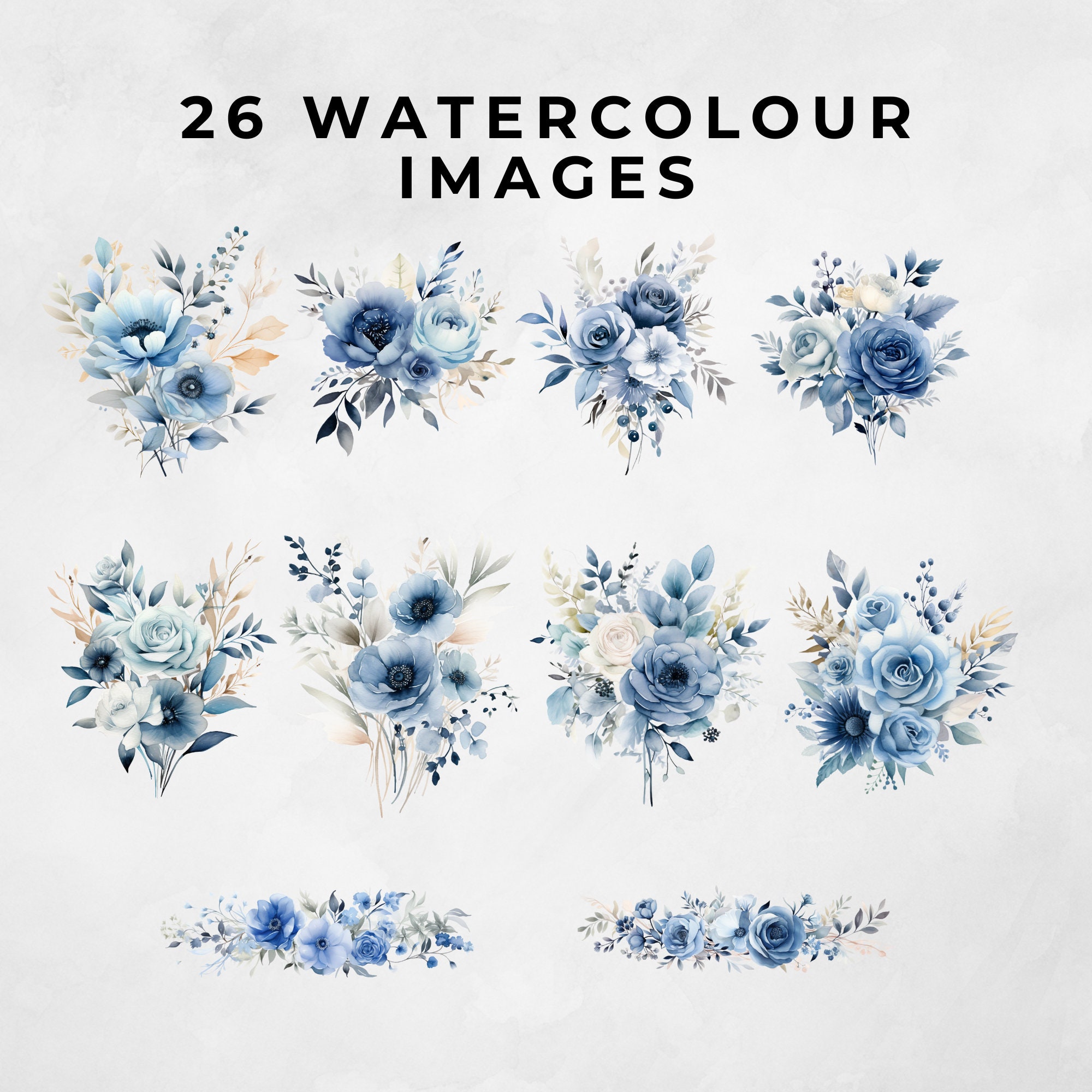 Dusty Blue Wedding Clipart, Blue Watercolor Flowers PNG, Invitation ...