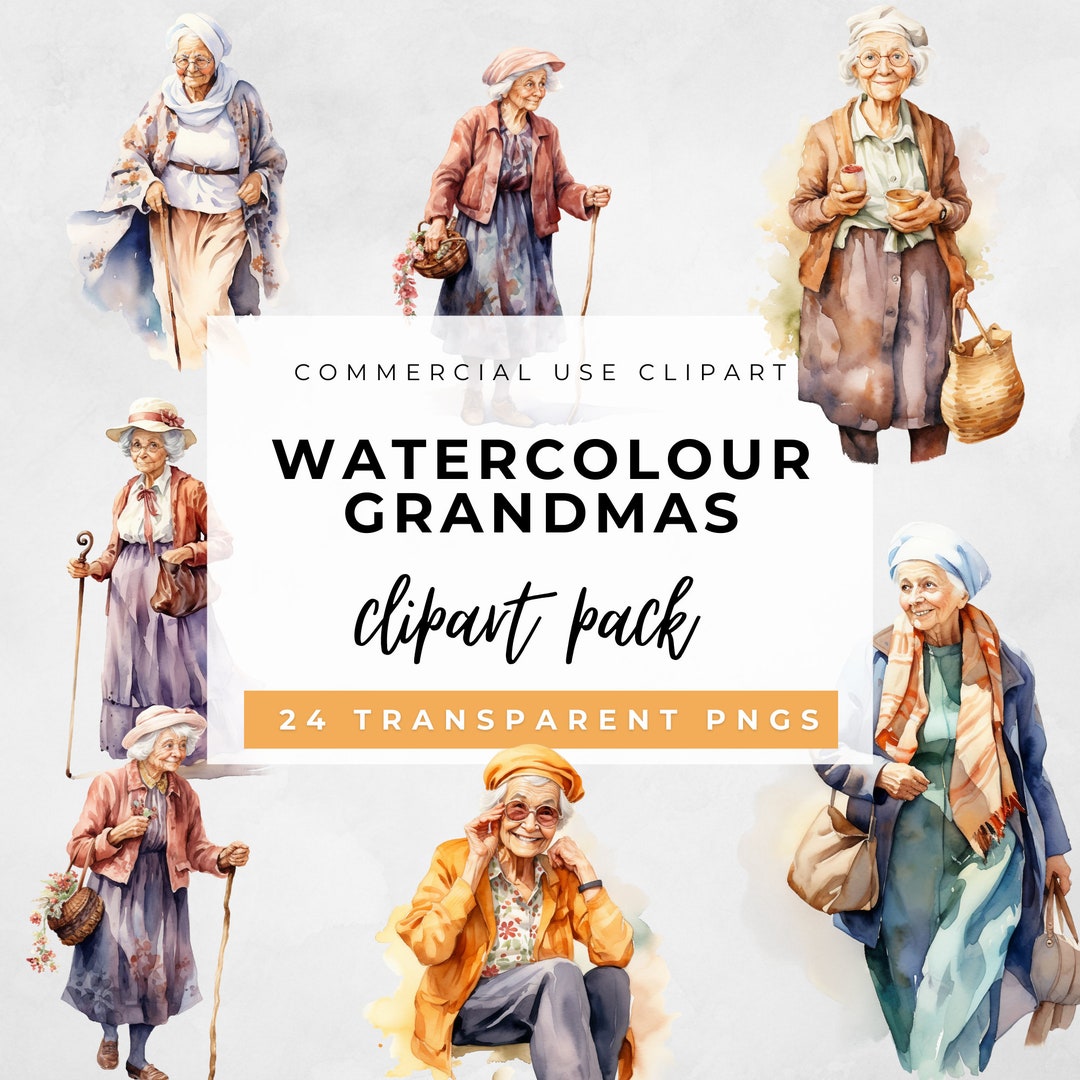Watercolor Old Ladies Clipart Bundle, Cheerful Old Lady PNG, Commercial ...