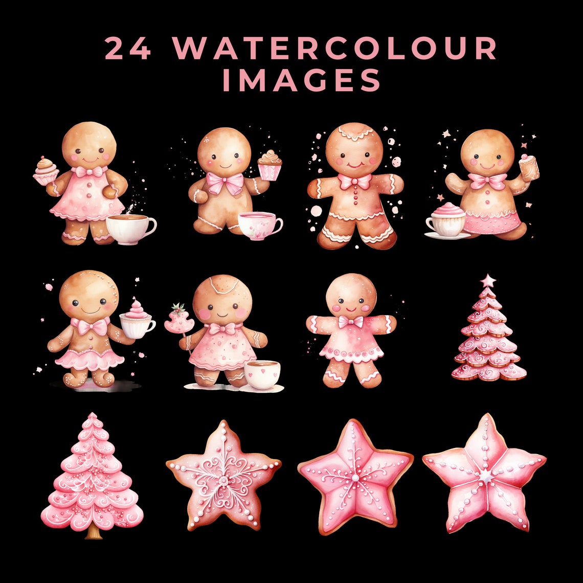 Watercolour Pink Gingerbread Clipart Bundle, Gingerbread House ...