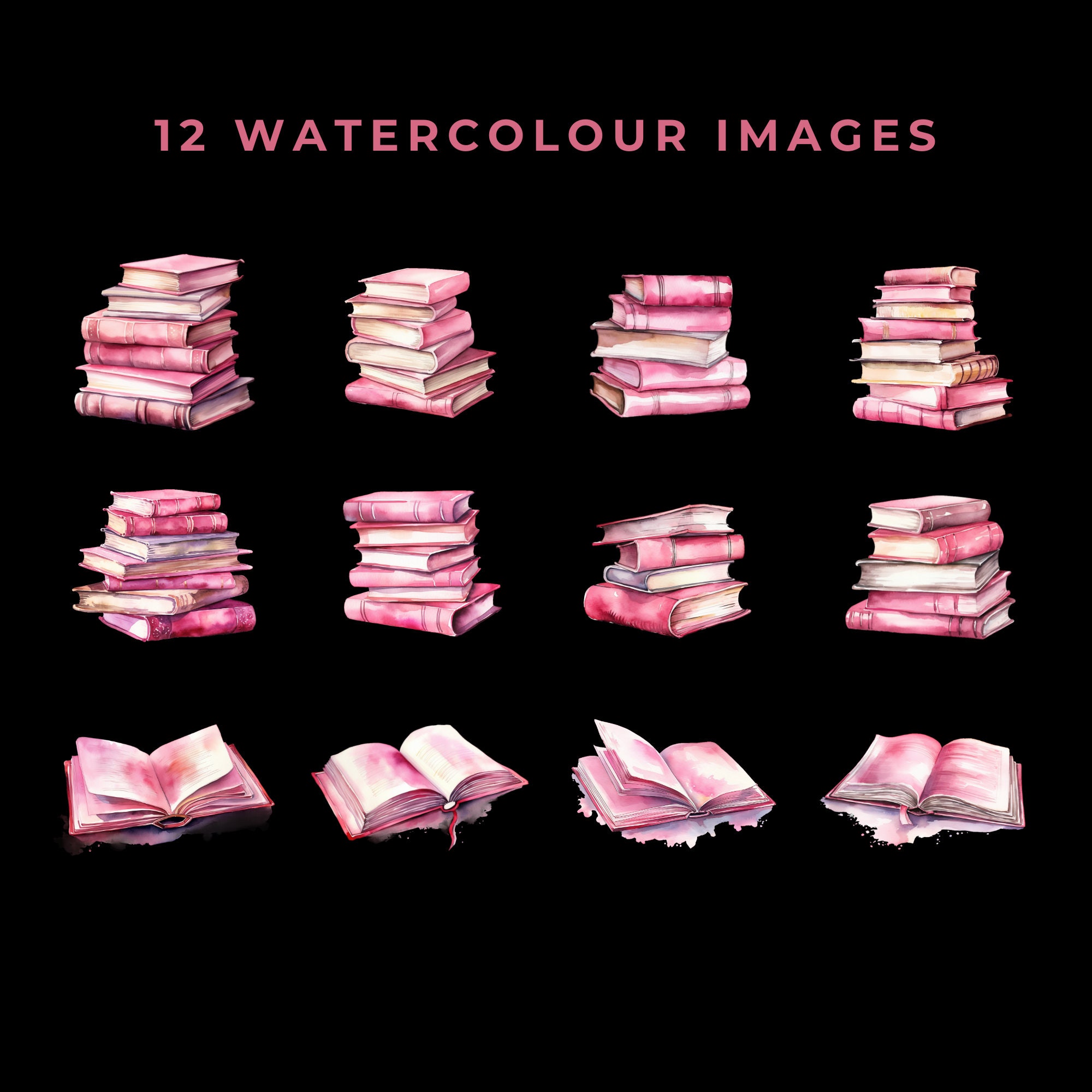 Watercolour Pink Stack of Books Clip Art Elements, Digital Book Tracker ...