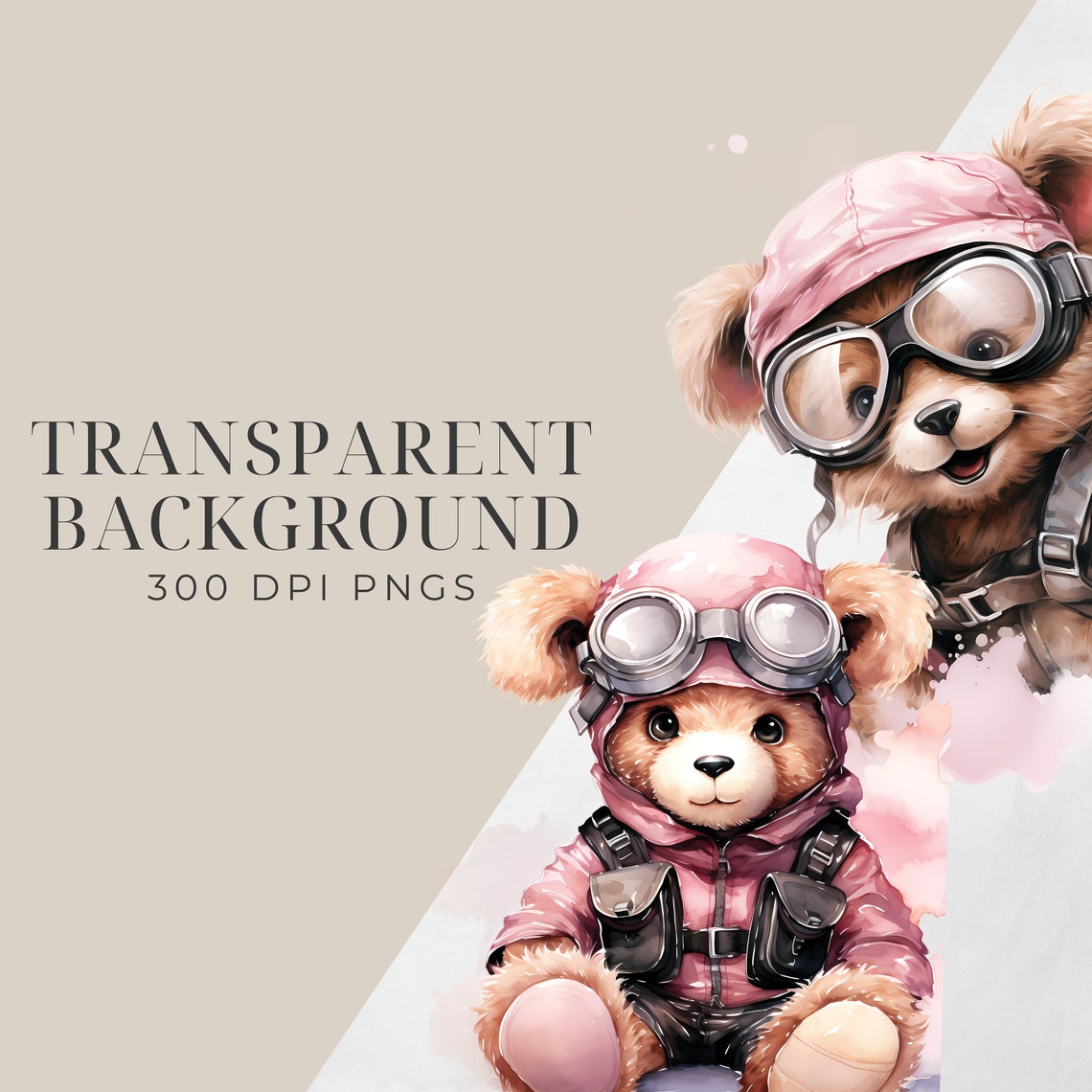 Pastel Pink Aviation Bear Watercolor Clipart, Airplane Baby Shower ...