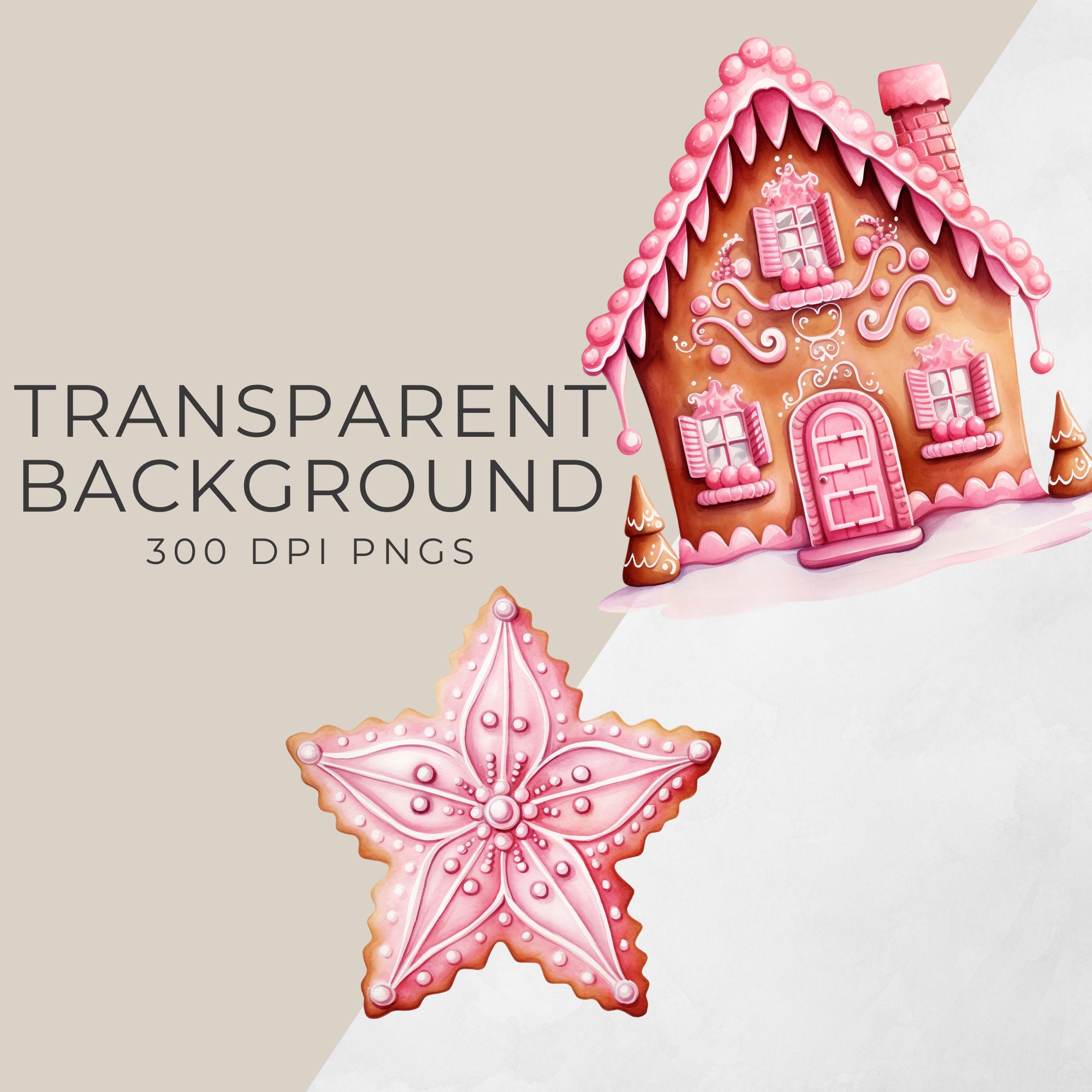 Watercolour Pink Gingerbread Clipart Bundle, Gingerbread House ...