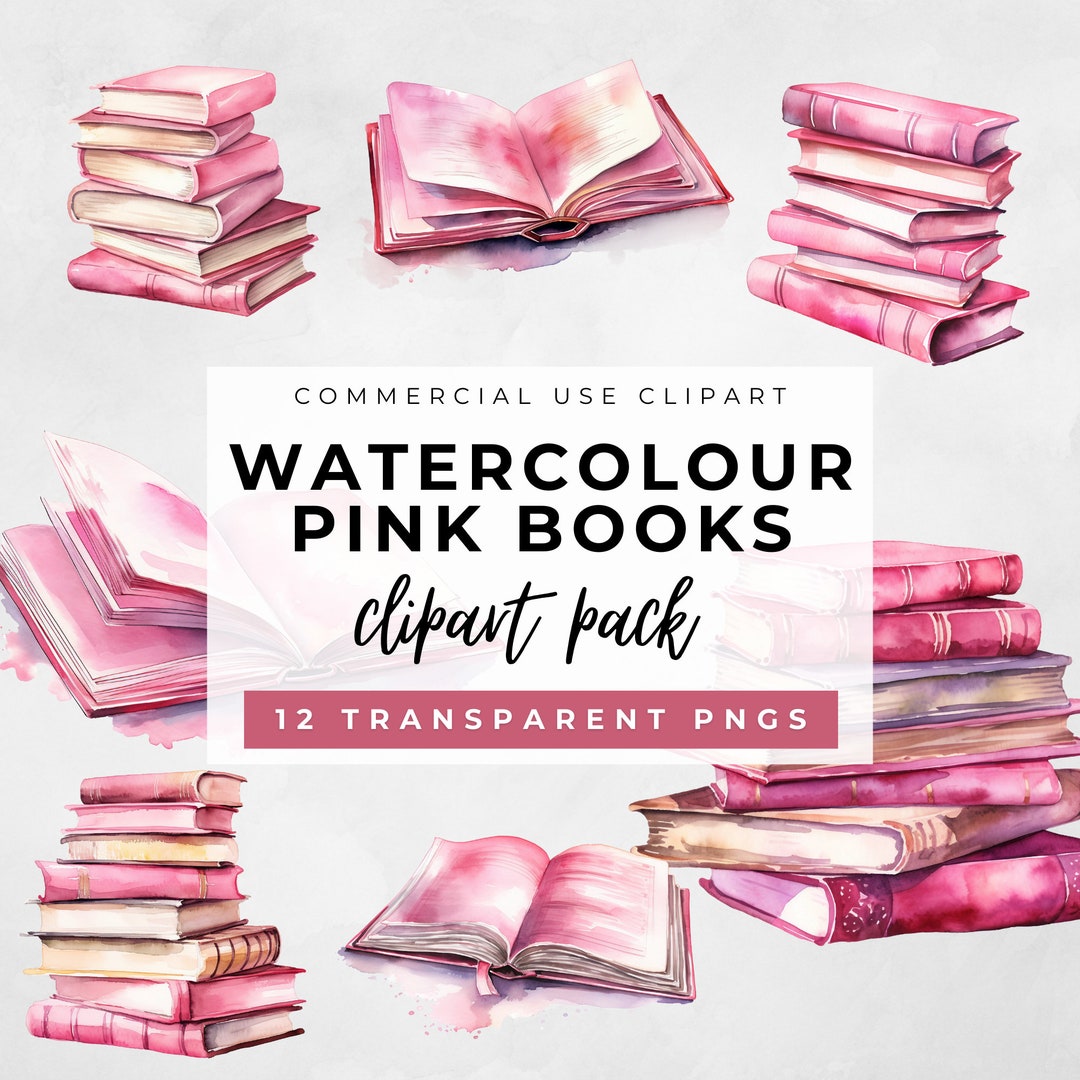 Watercolour Pink Stack of Books Clip Art Elements, Digital Book Tracker Art, Open Book ...