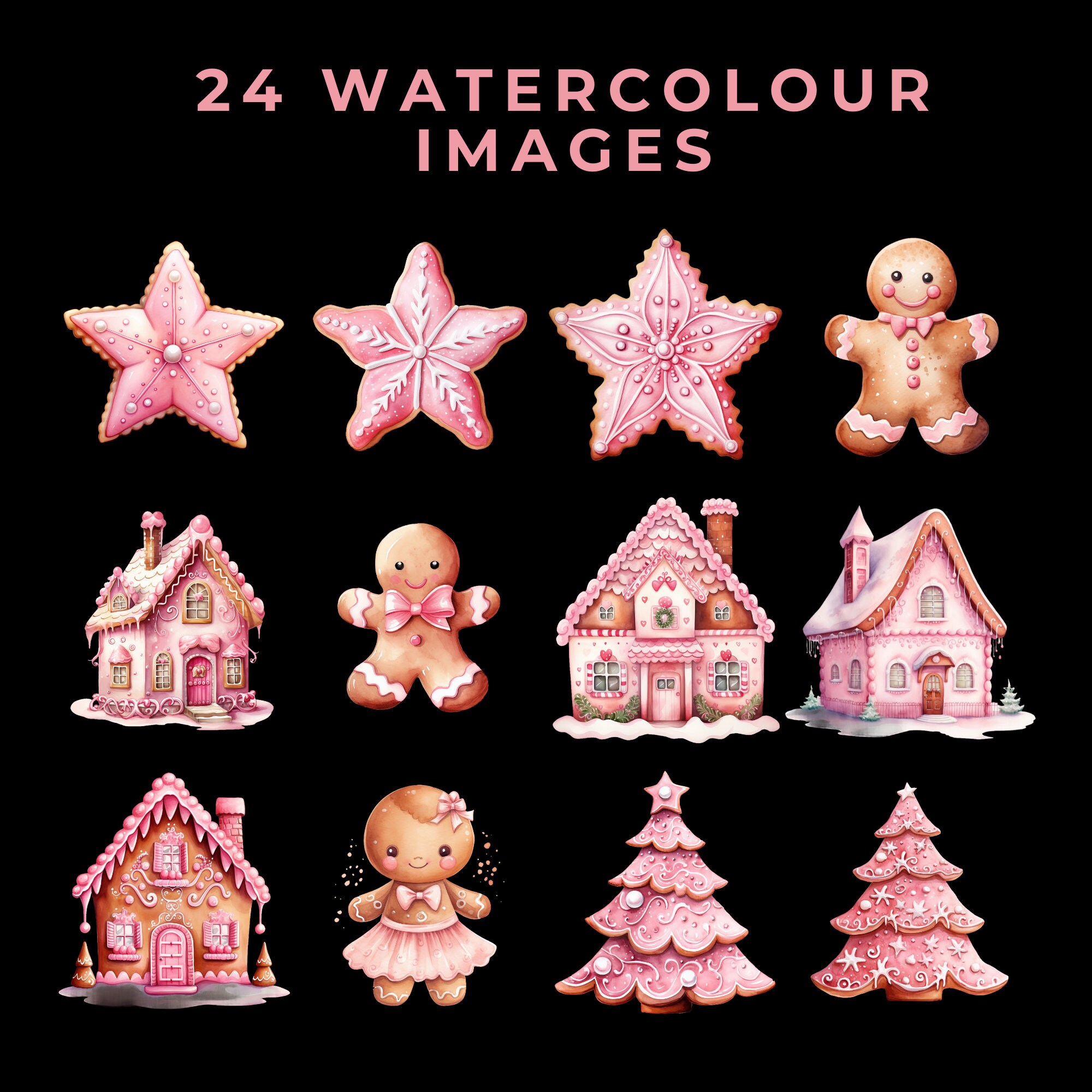 Watercolour Pink Gingerbread Clipart Bundle, Gingerbread House ...
