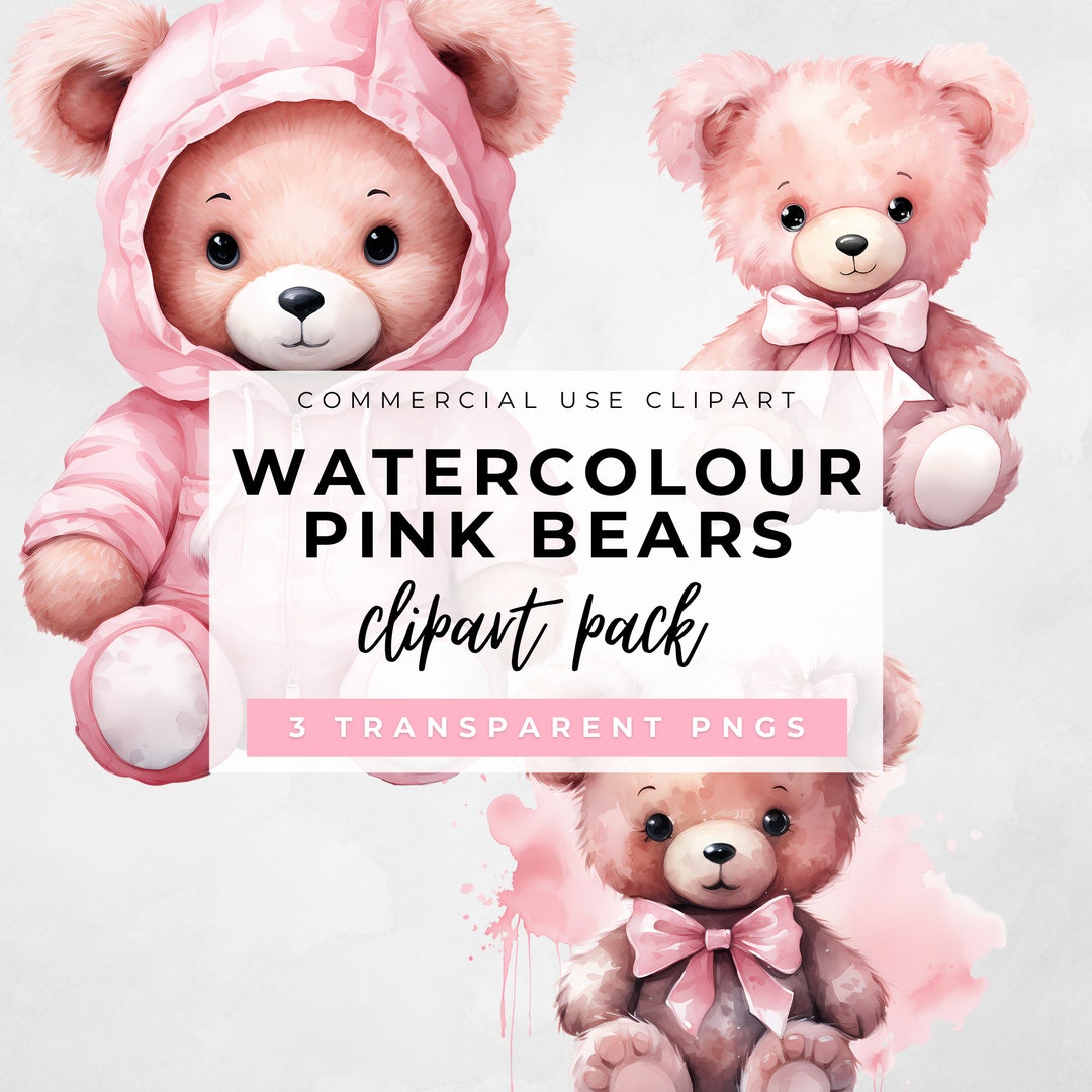 Watercolour Pink Teddy Bears Clipart Pack Nursery Art Baby Shower ...