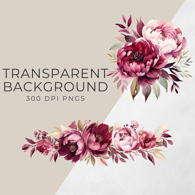 42 Burgundy Flowers PNG, Watercolor Floral Clipart Bundle, Burgundy ...