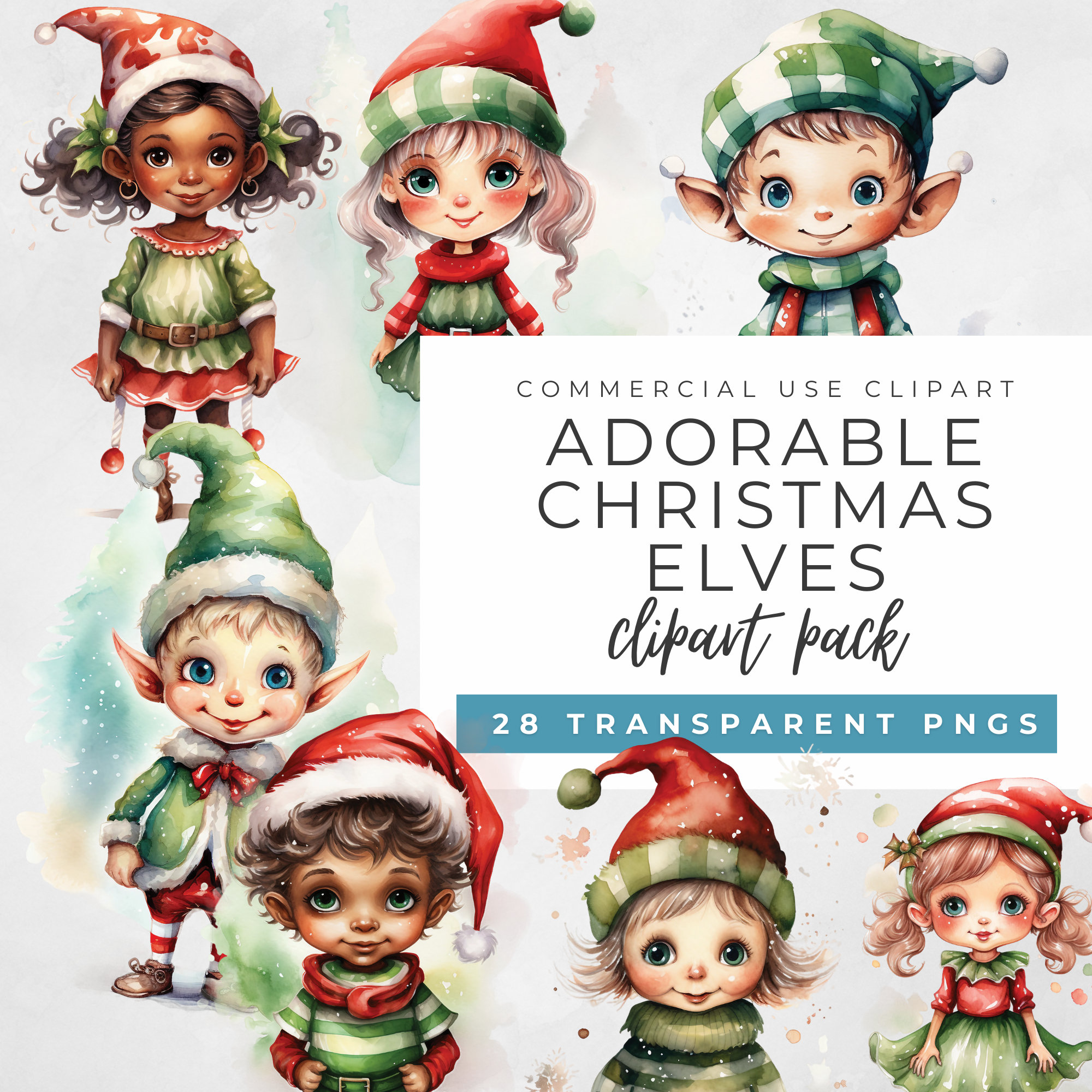 Watercolour Christmas Elves Digital Clipart, Cute Elves Clipart Bundle ...