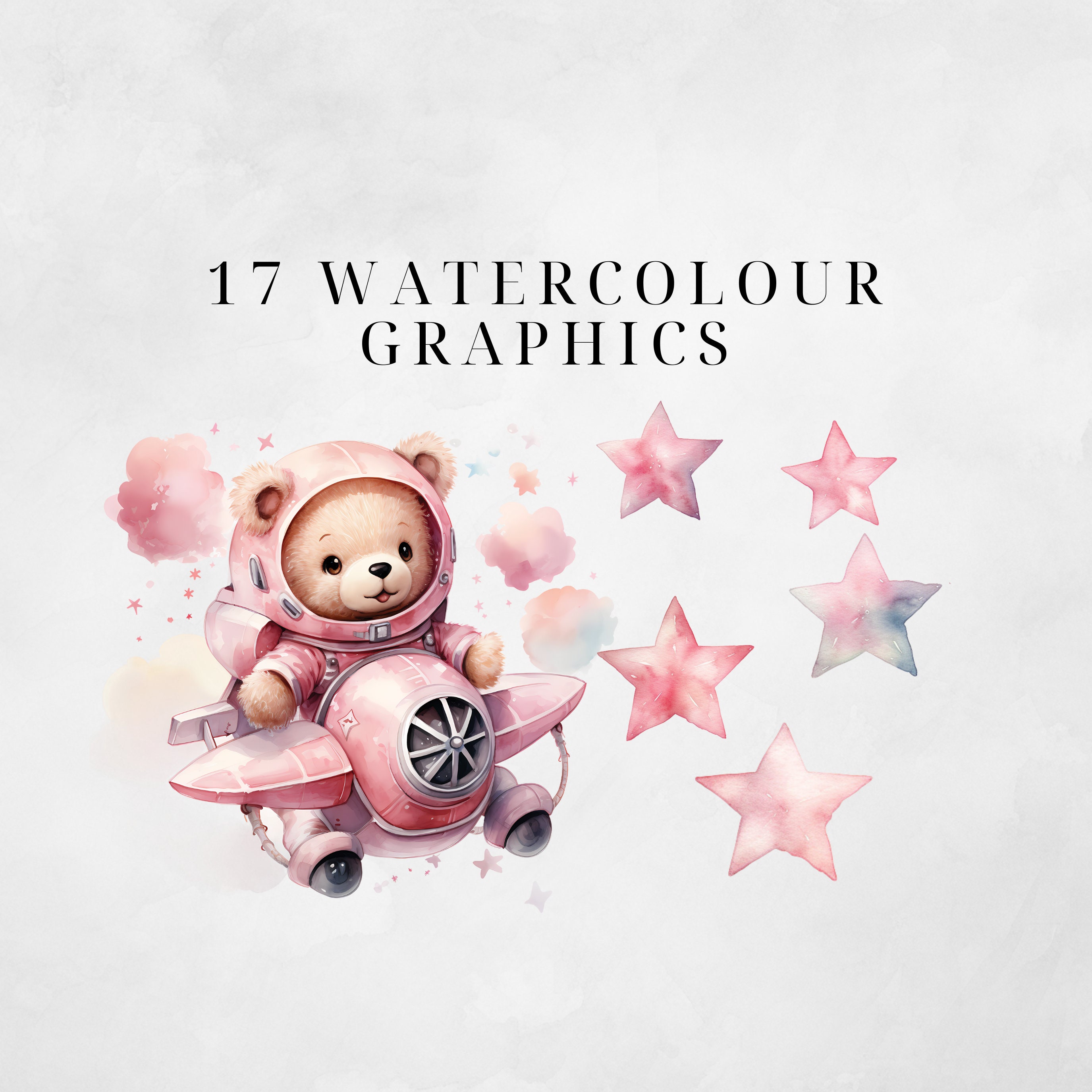 Pastel Pink Teddy Bear Bear in Space Watercolor Clipart, Rocket Ship ...