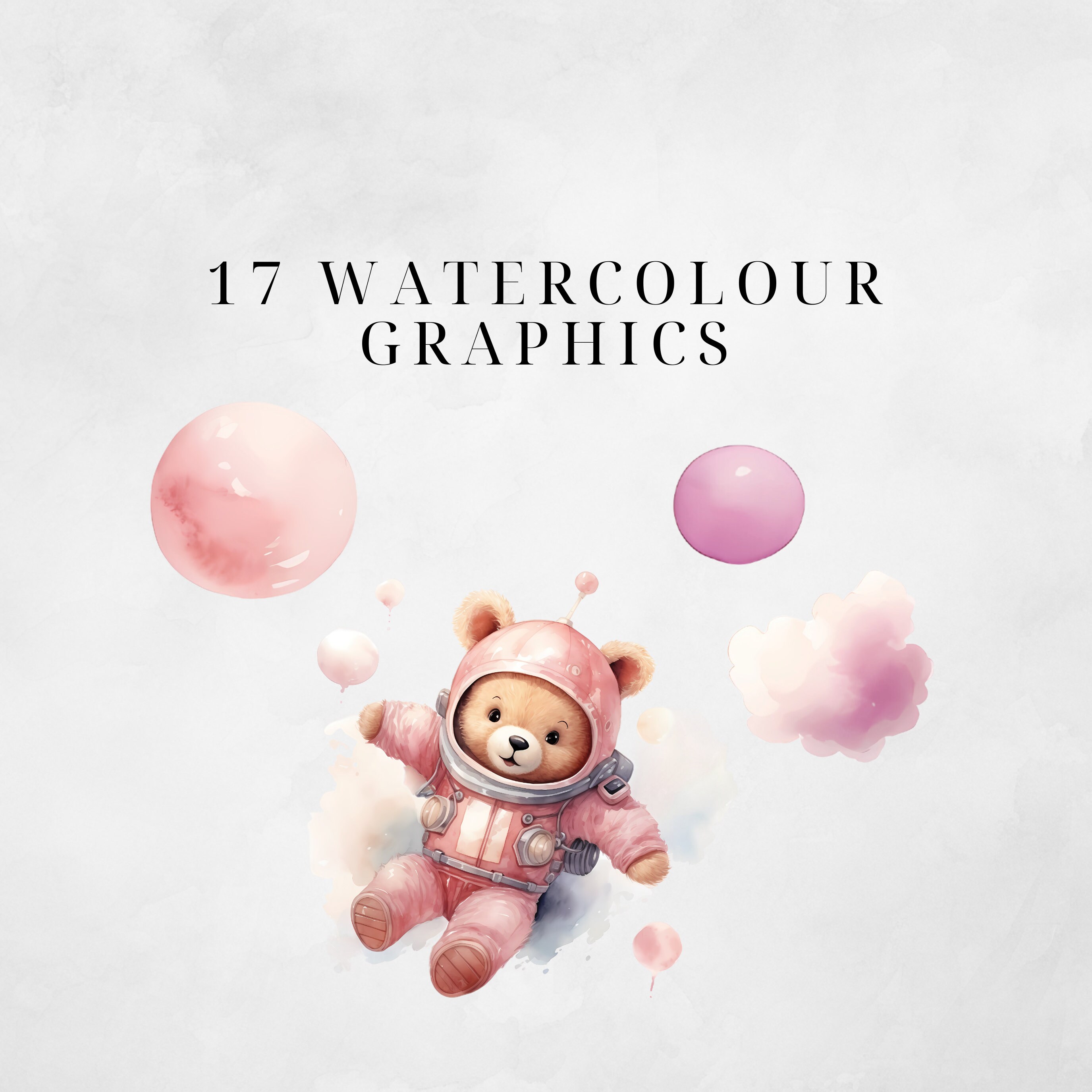 Pastel Pink Teddy Bear Bear in Space Watercolor Clipart, Rocket Ship ...