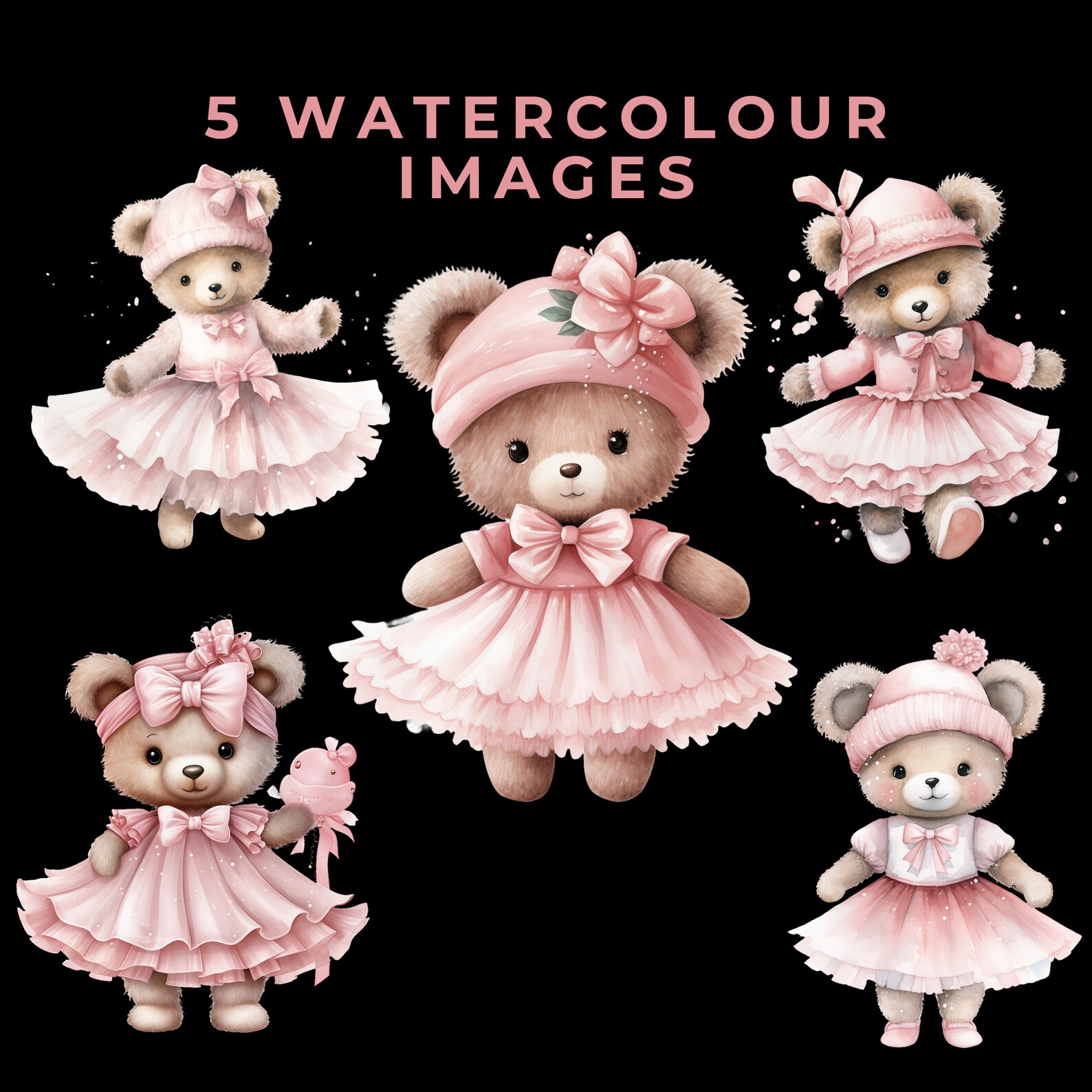 Pink Watercolor Ballerina Cute Teddy Clipart, Cute Ballet Teddy Bear ...